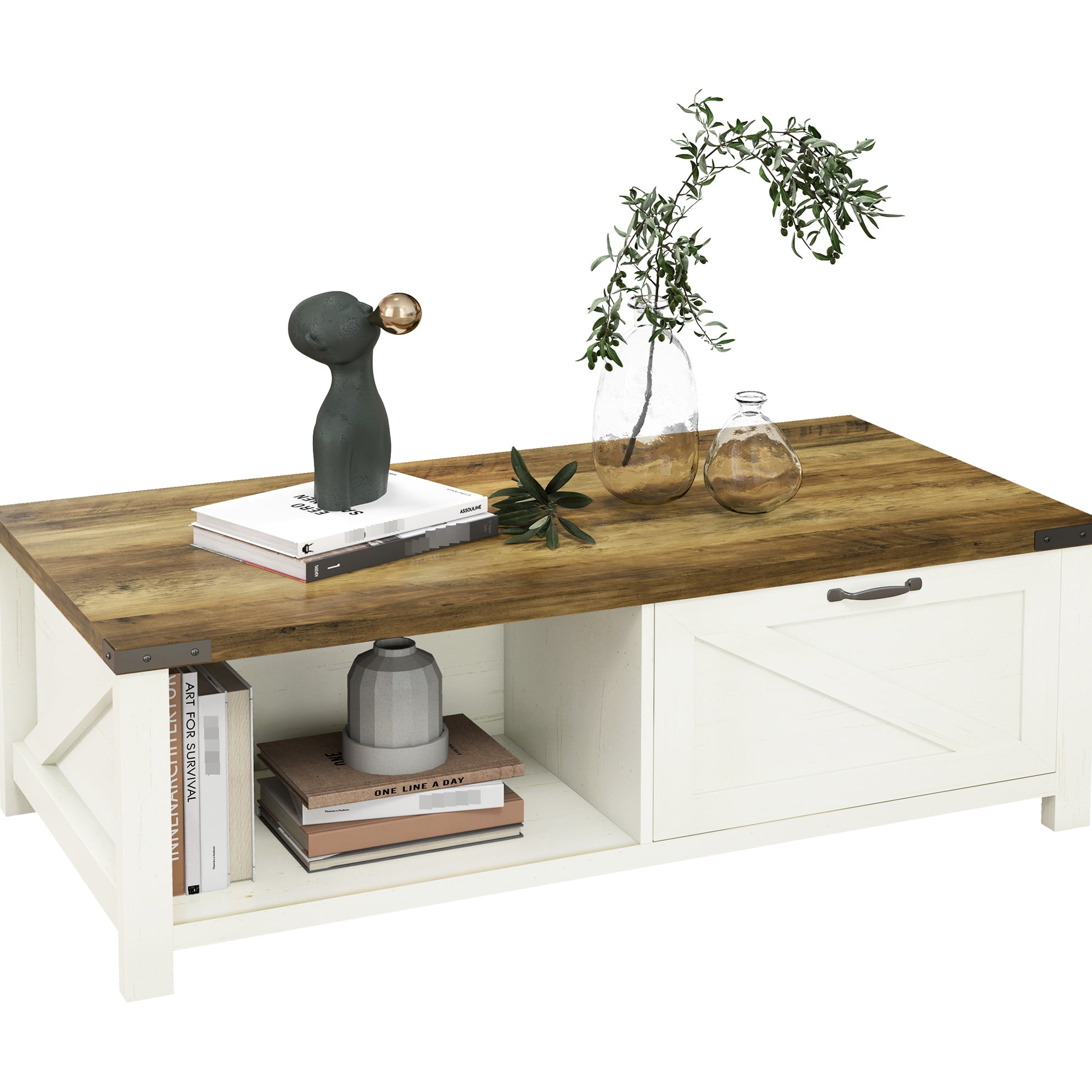 White Rustic Living Room Table, With Drawer And Shelf Storage Coffee ...