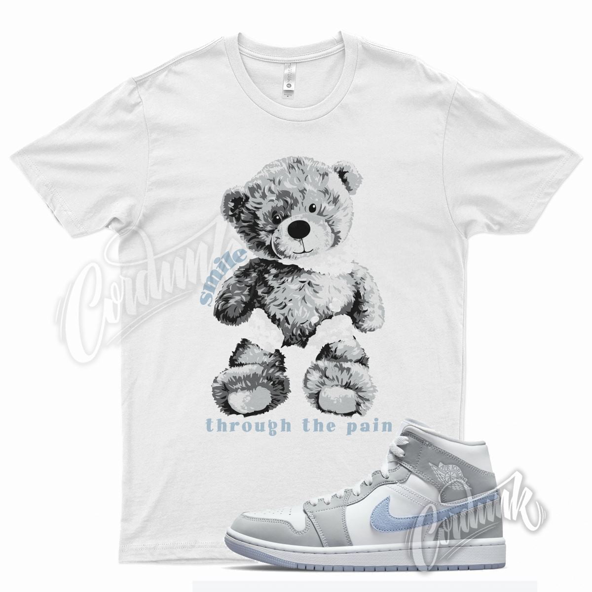 White SMILE T Shirt for Air J1 1 Mid Wolf Grey Aluminum Hyper Royal ...