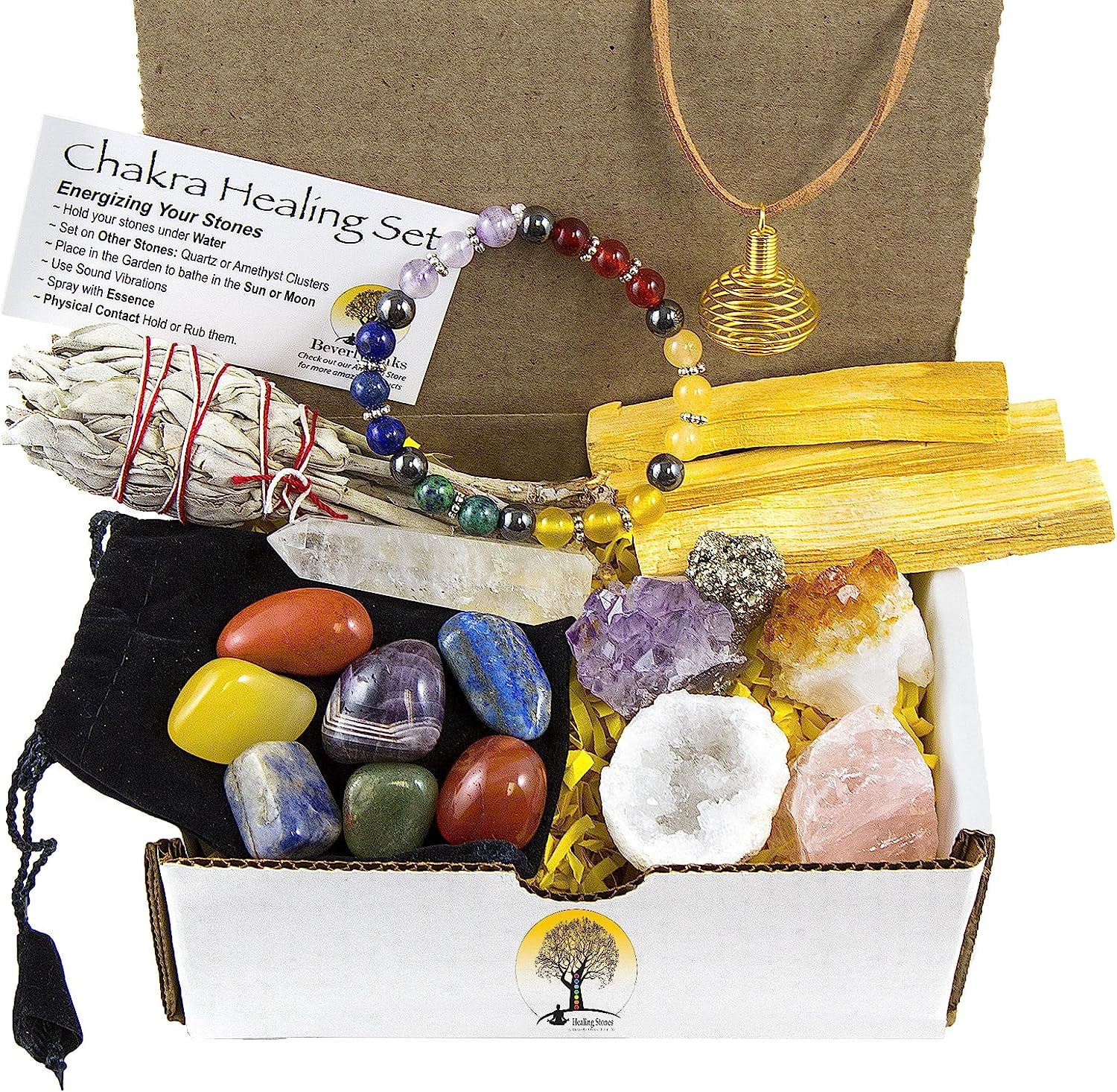 White Sage, Palo Santo Wood & Crystal Healing Kit (17Pc) ~ Smudge Stick ...