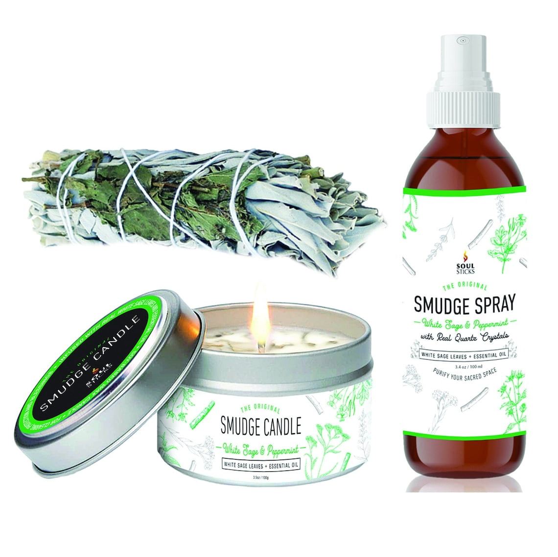 White Sage and Peppermint Set Smudge Spray, Candle & White Sage and Peppermint Smudge Stick ...