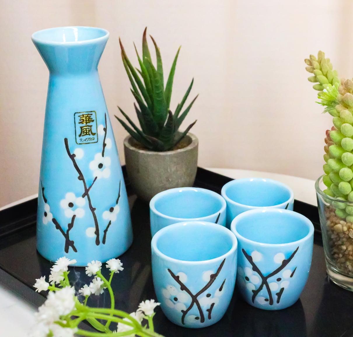 White Sakura Cherry Blossom Sky Blue Ceramic Sake Set Carafe Flask With ...