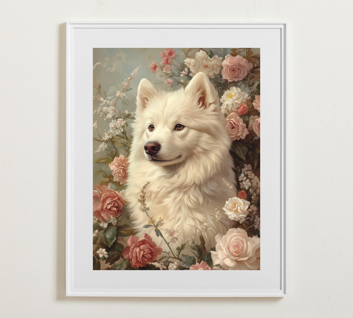 White Samoyed Wall Art, Retro Puppy Print, Preppy Room Decor, Vintage Pet Poster, Cute Trendy ...