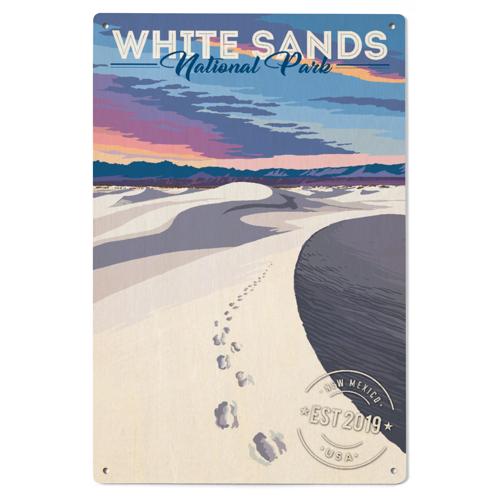White Sands National Park, Dunes and Footprints Birch Wood Wall Sign ...