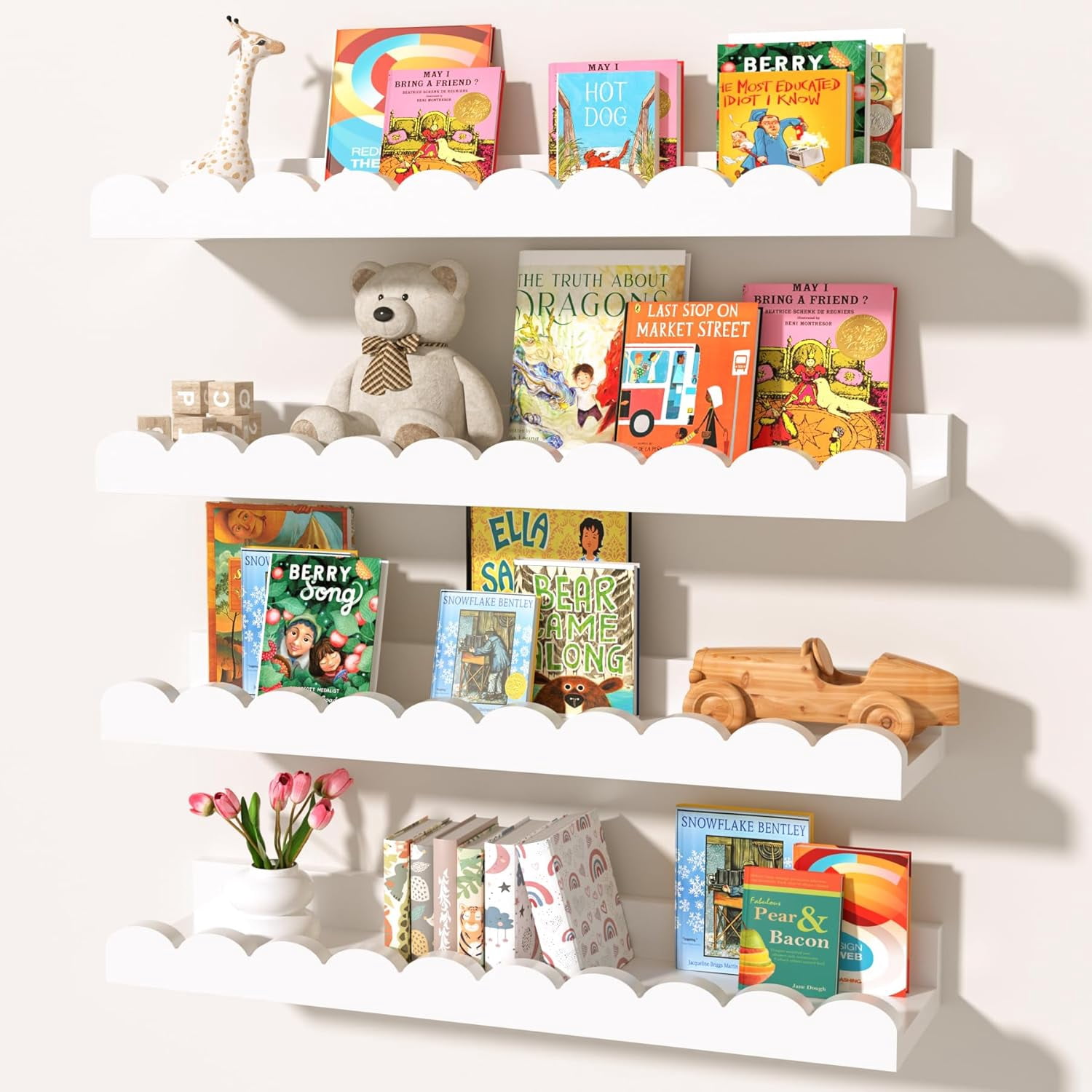 White Scalloped Nursery Shelves for Wall, 4-Pack Floating Book Shelves ...