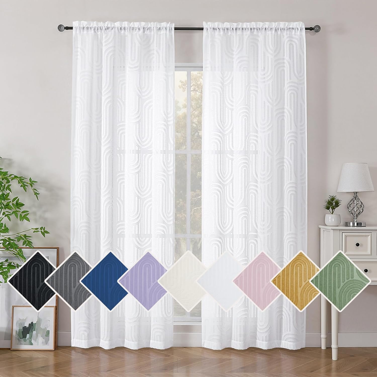 White Semi Sheer Curtains 84 Inches Long 2 Panels, Soft Airy Light Filtering Jacquard Clip ...