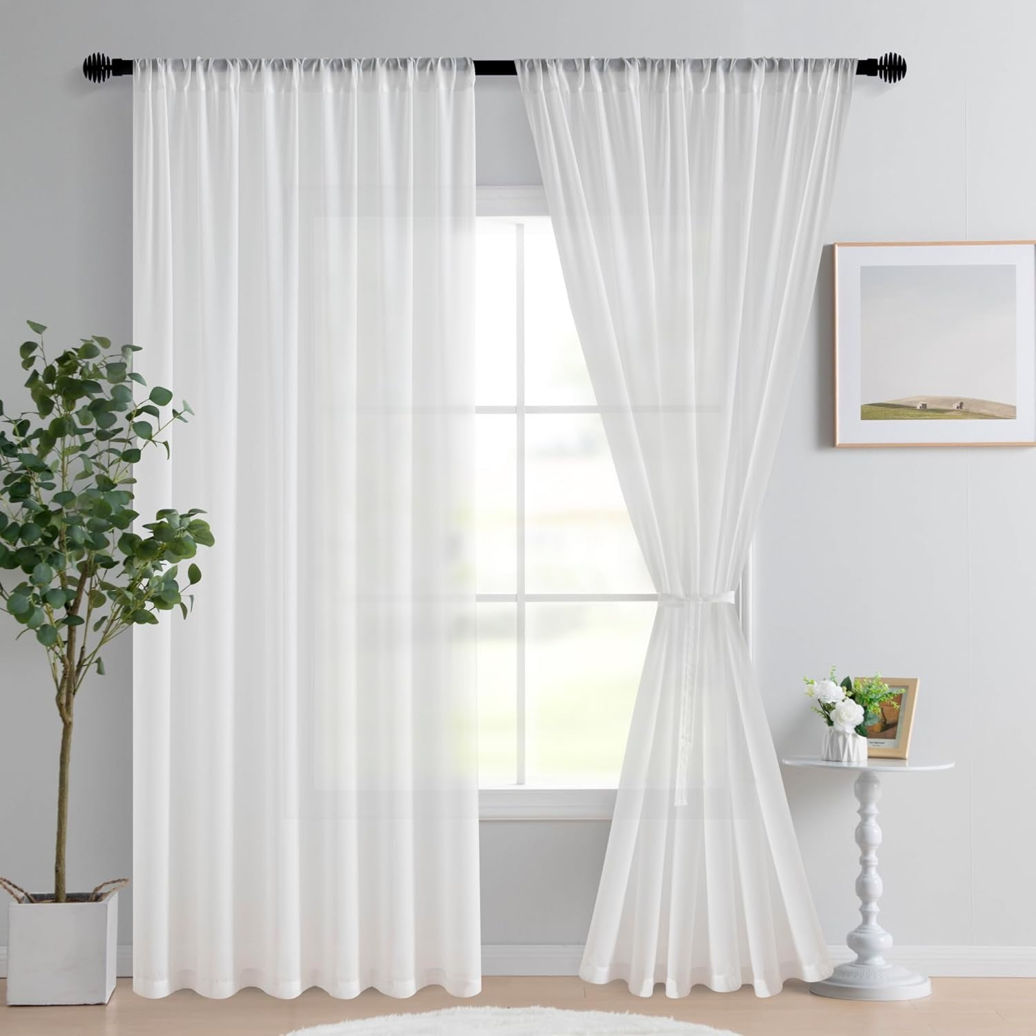 White Semi Sheer Privacy Curtains 84 Inches Long with Tiebacks, Non-See ...