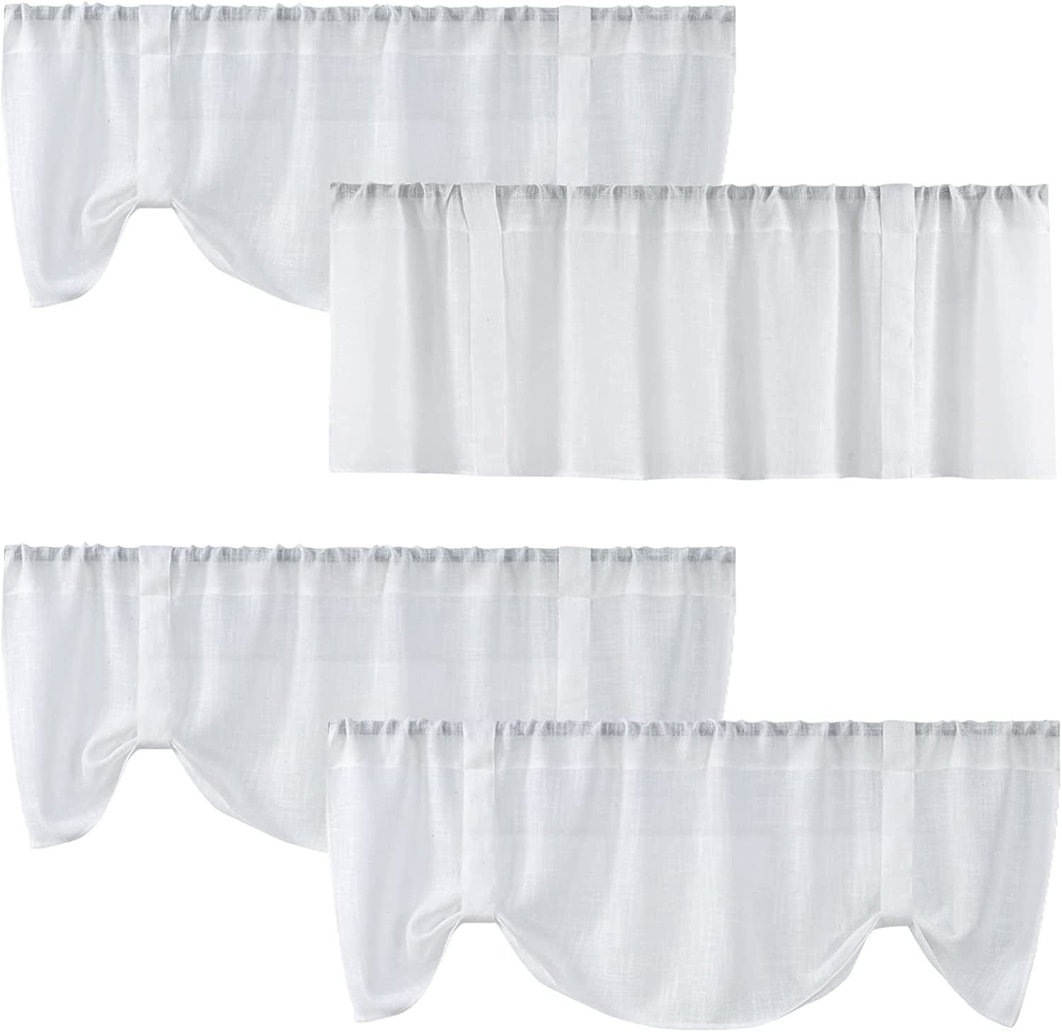 White Semi Sheer Tie Up Curtain Valances, Linen Textured, Rod Pocket ...