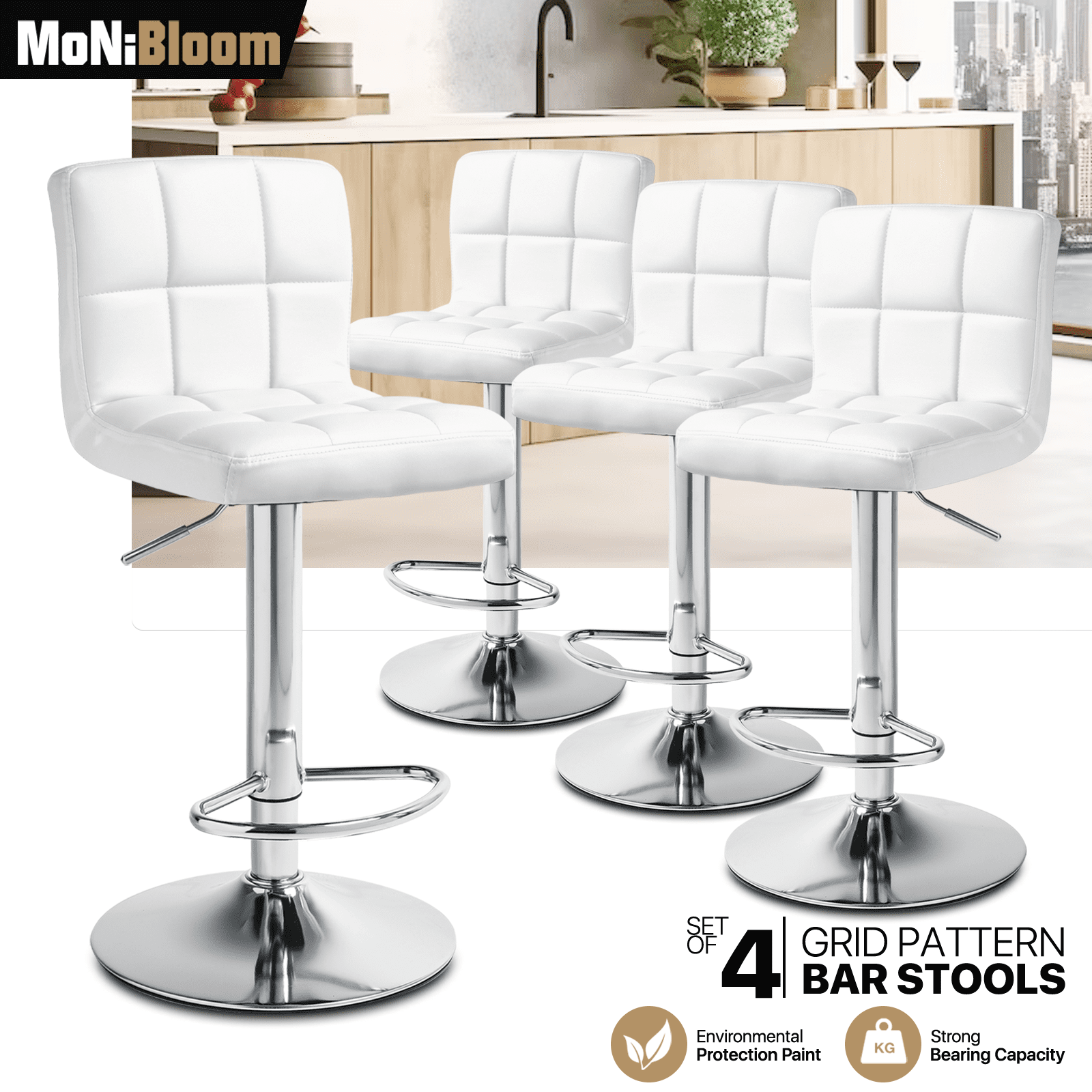 White Set of 4 Bar Stools Leather Square Pub Seat Adjustable Dining ...