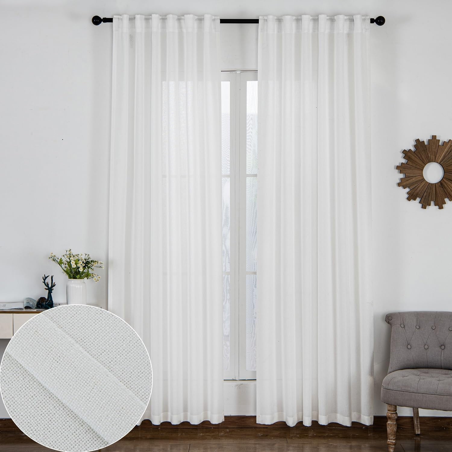 White Sheer Curtains 108 Inches Long Extra Sheer Linen Privacy Semi ...