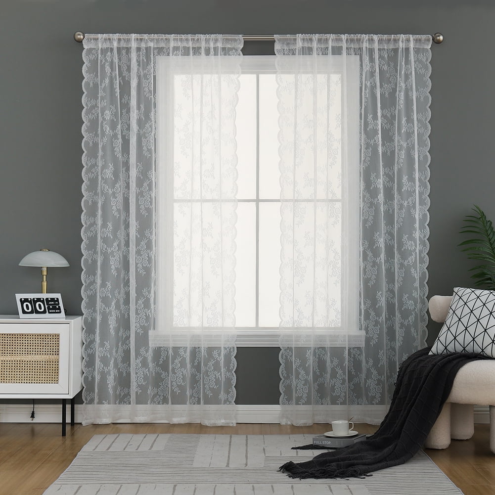 White Sheer Curtains - 48 inch Length Floral Lace Rod Pocket Window ...