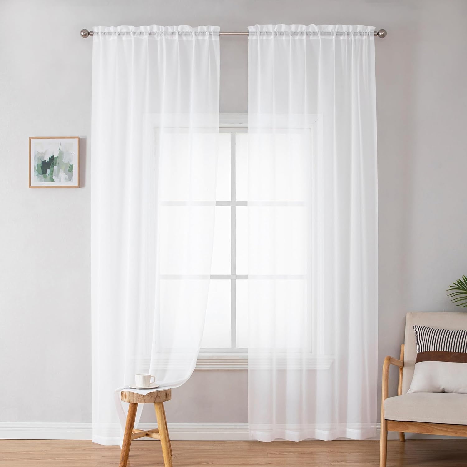 White Sheer Curtains 72 Inches Long 2 Panels for Living Room, Rod ...