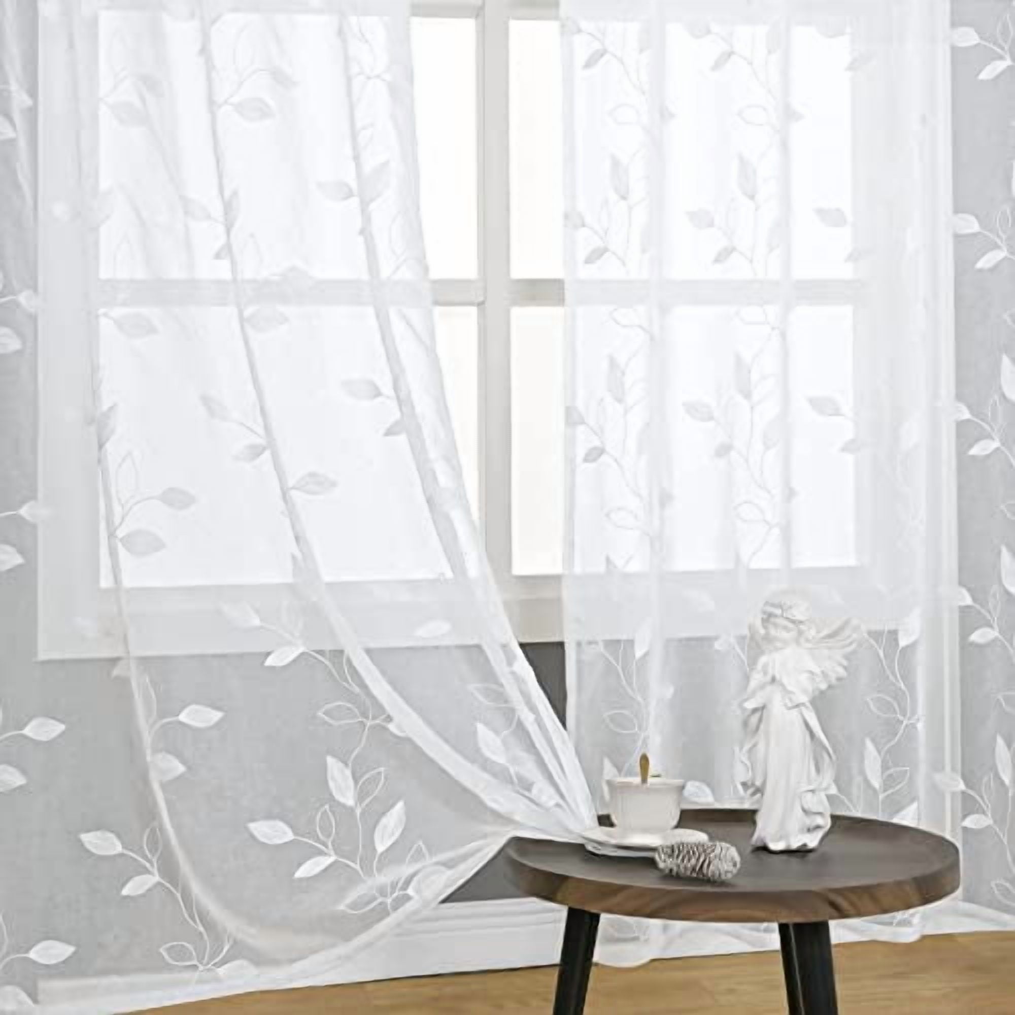 White Sheer Curtains 84 inches Long - Embroidered Leaves Pattern Light ...