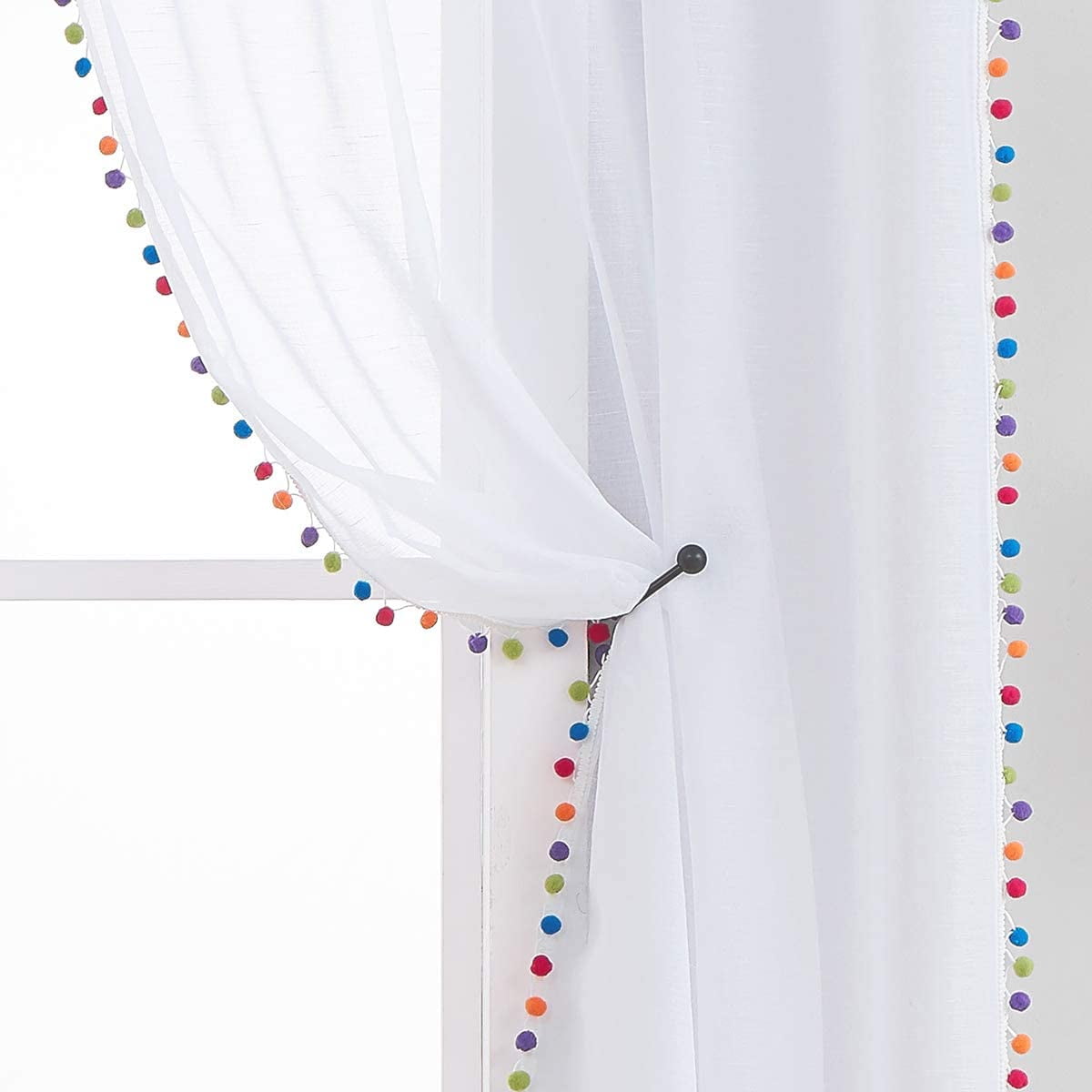 White Sheer Curtains Multi Colorful Pom Pom Sheer Drapes 63" inches ...
