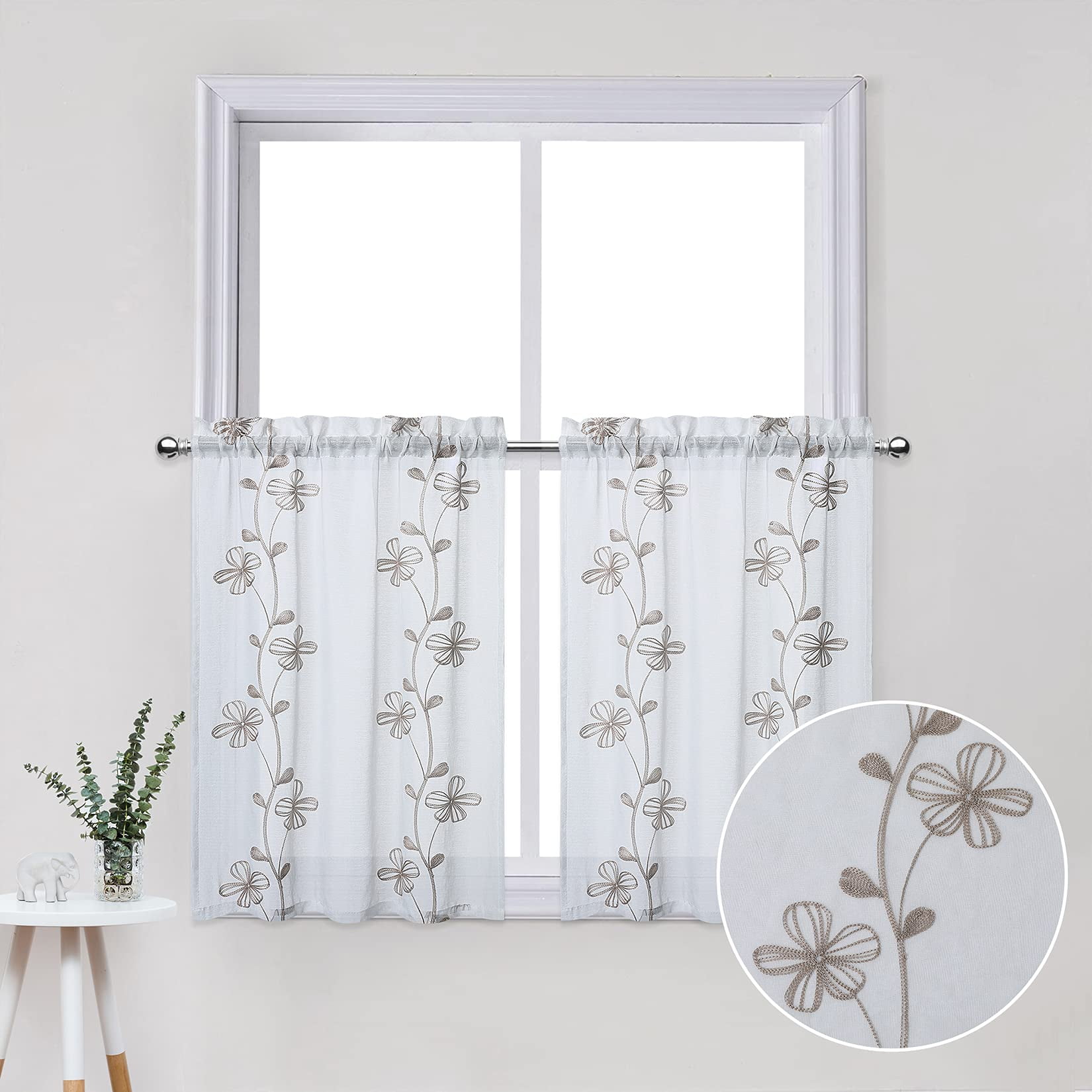 White Sheer Floral Embroidered Small Curtains for Bathroom, Semi-Sheer ...