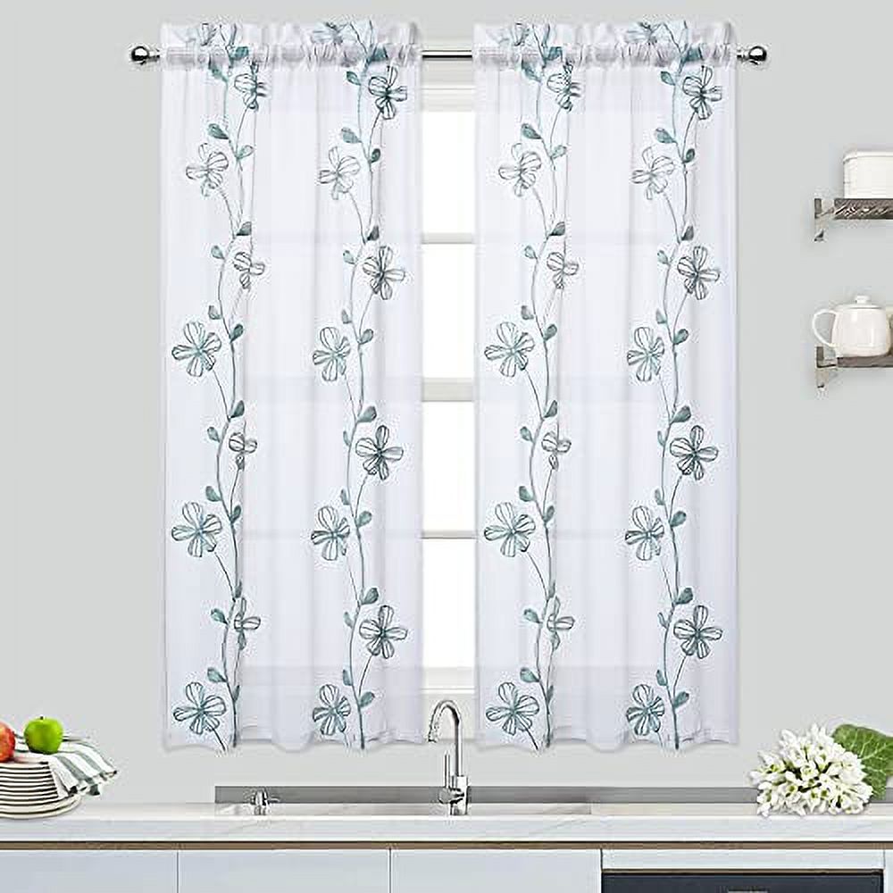White Sheer Floral Embroidered Small Curtains for Bathroom, Semi-Sheer ...