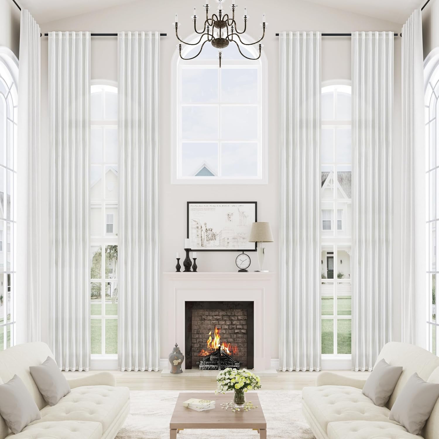 White Sheer Linen Curtains 180 Inches Long for High Ceiling Living Room ...