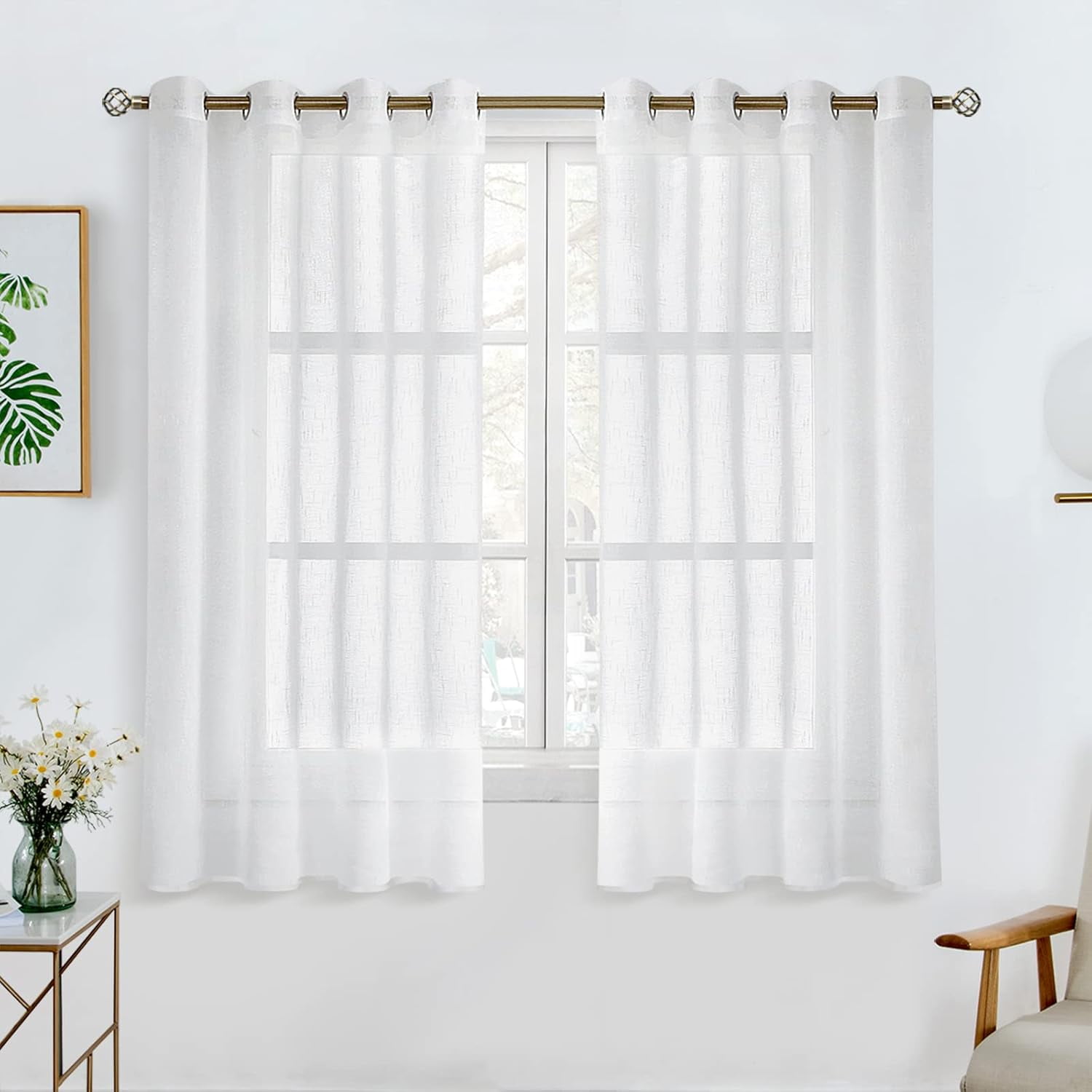 White Sheer Linen Curtains for Living Room 2 Panels Set, Semi Sheer ...