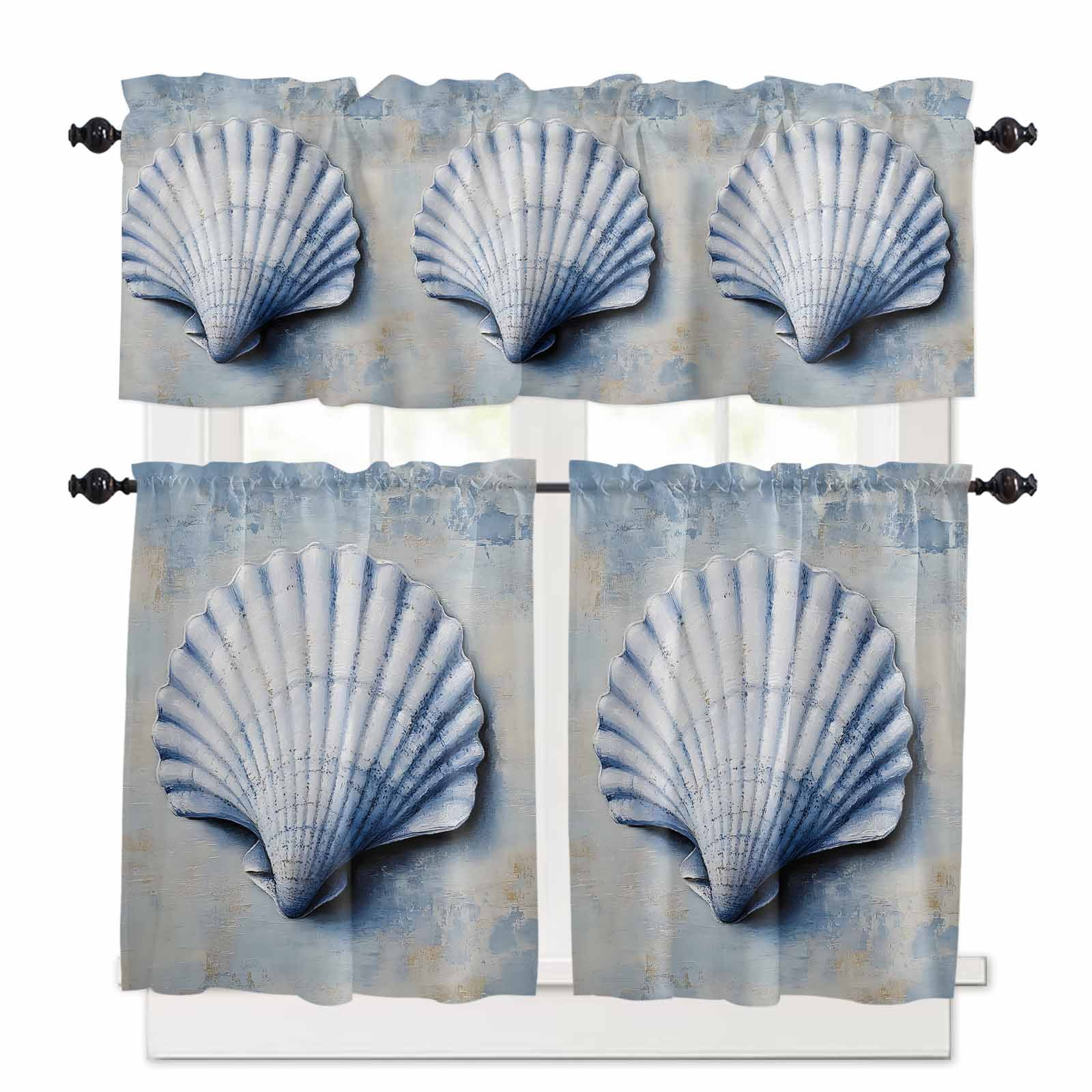 White Shell Kitchen Curtains and Valances Set, Ocean Seashell Simple ...