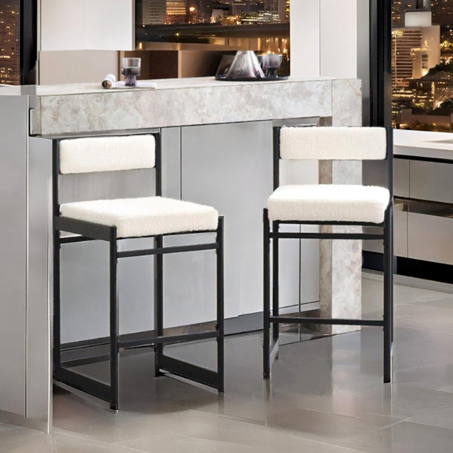 White Sherpa Counter Stools Set of 2 Modern Counter Height Bar Stools ...