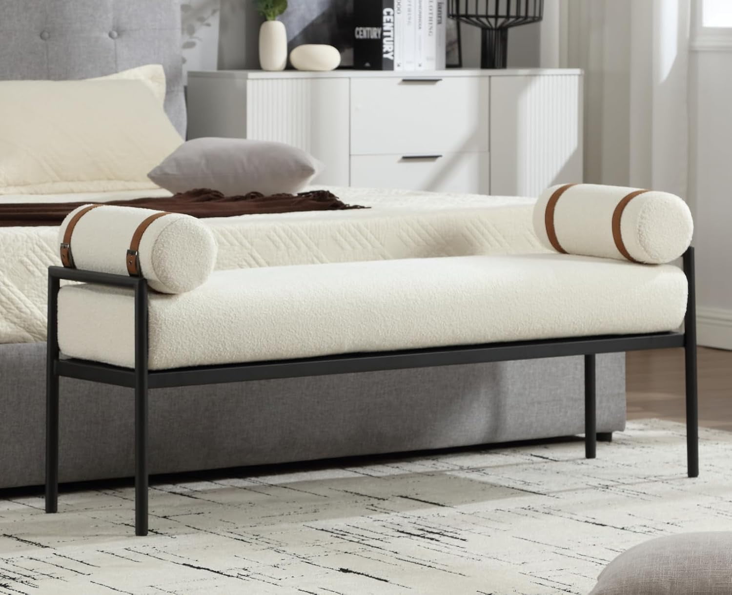 White Sherpa Modern End of Bed Bench Upholstered Entryway Bench with ...