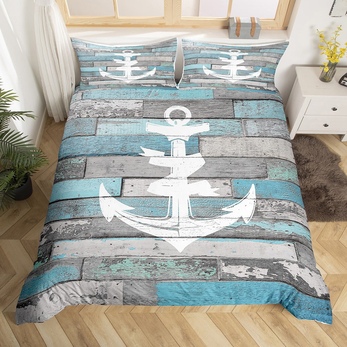 White Ship Anchor Duvet Cover Full Ocean Nautical Bedding Set for ...