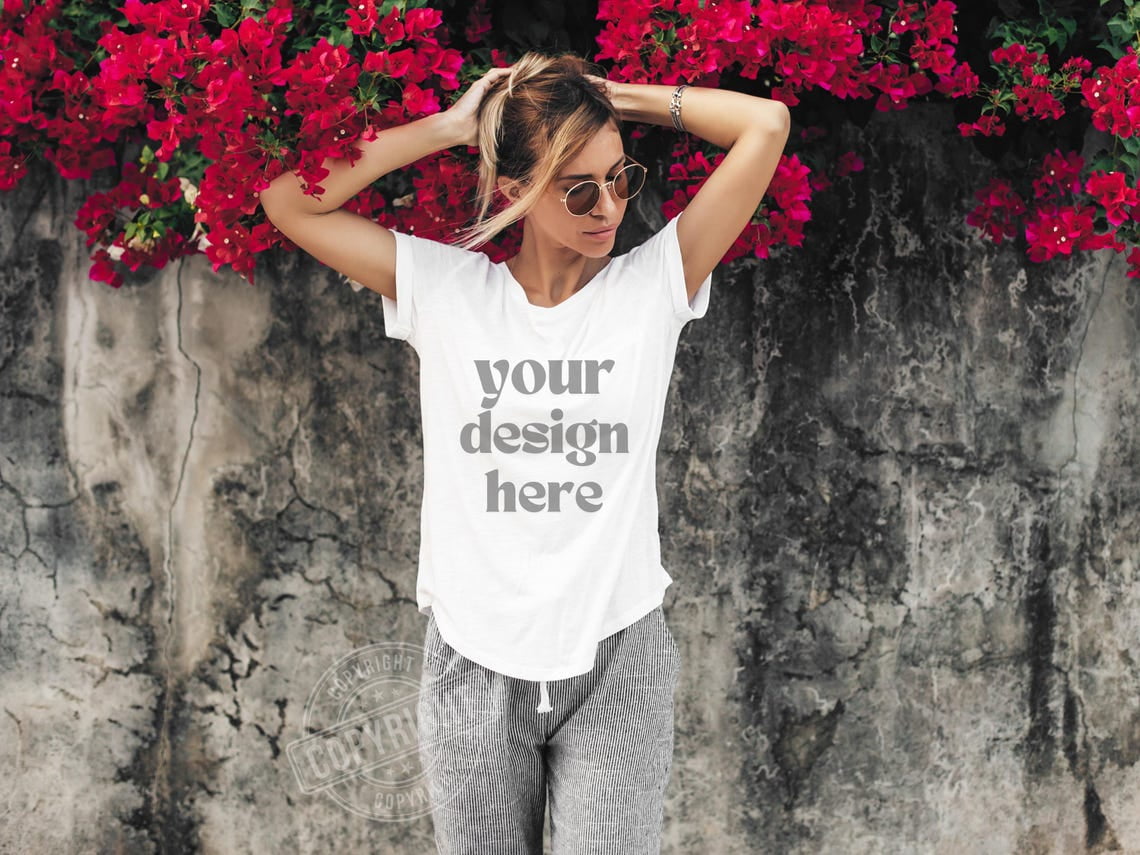 White Shirt Mockup | White T-Shirt Mockups | Real Model | Gildan Simple Tee Outside Floral ...