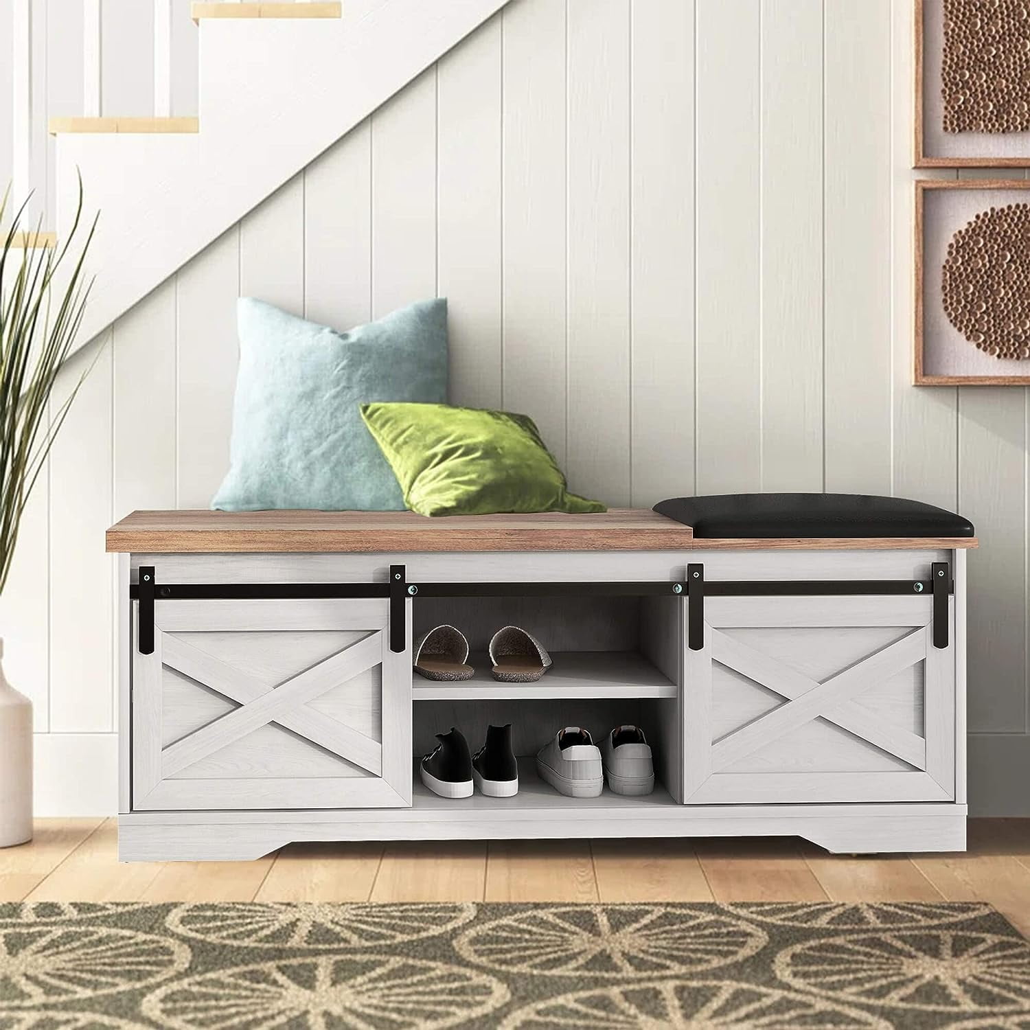 White Shoe Bench Entryway with Storage, Modern Shoe Bench with Sliding ...