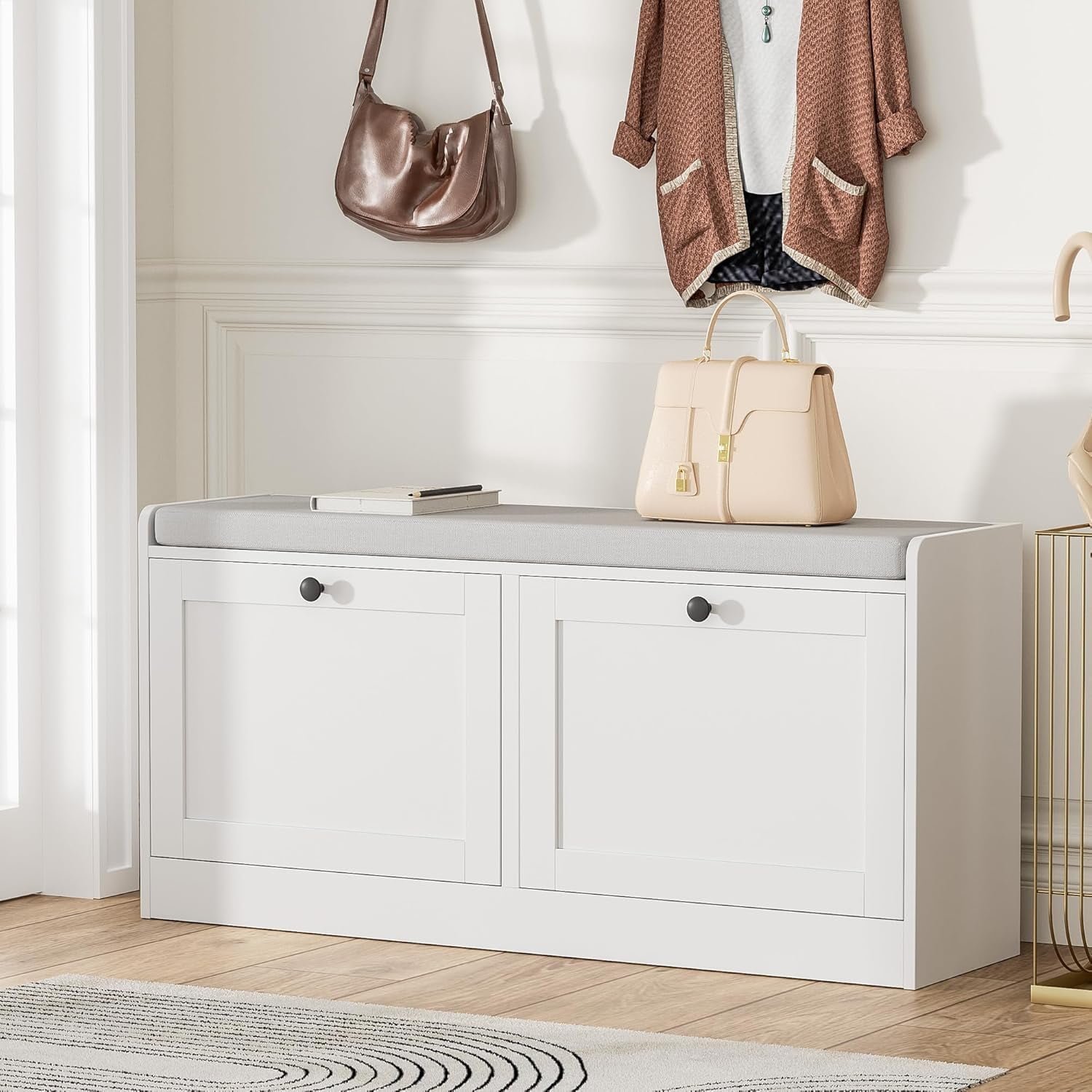 White Shoe Bench, Modern Entryway Bench with 2 Flip Drawers, Shoe Rack ...