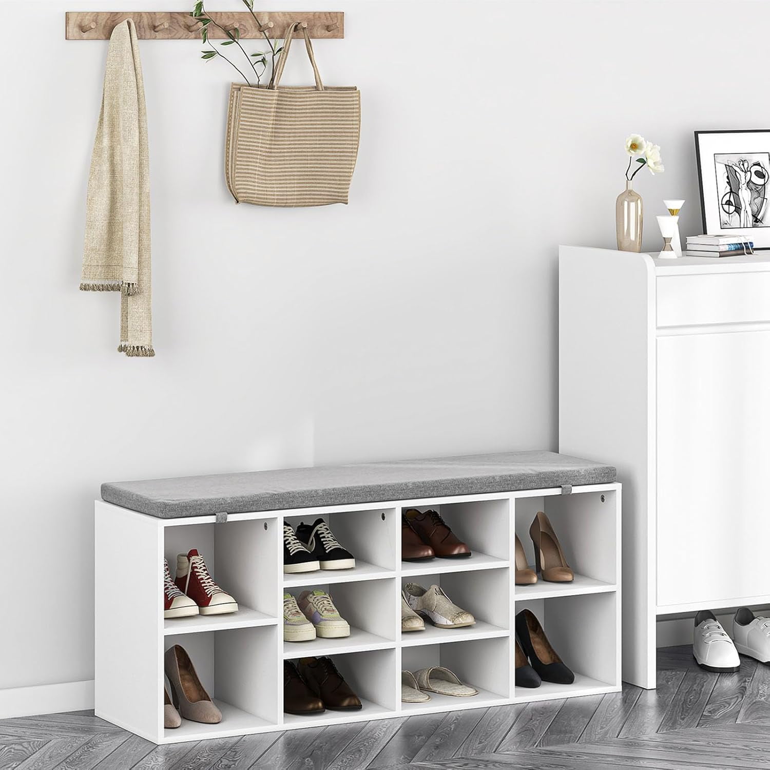 White Shoe Bench with Storage – Multifunctional Entryway Bench with 3 ...
