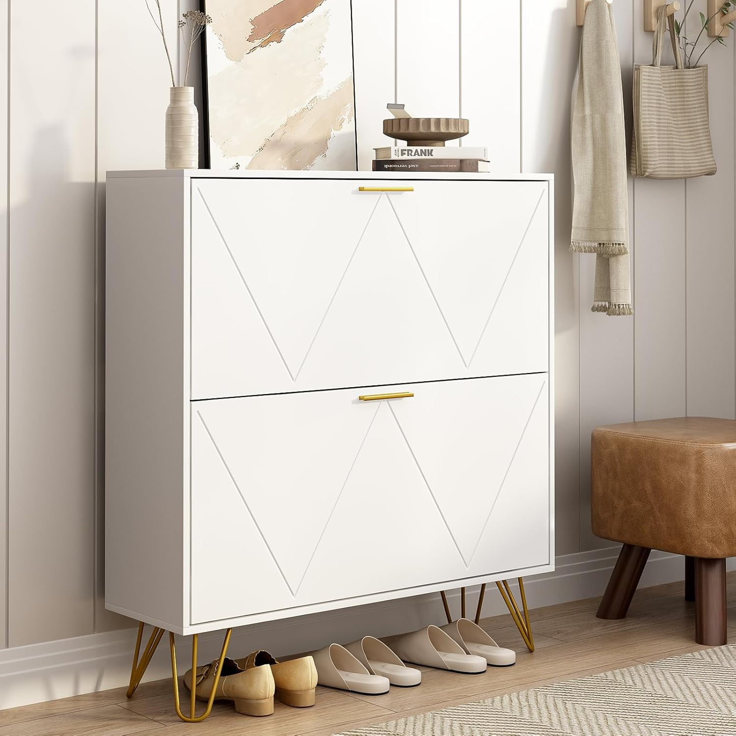 white shoe cabinet storage for entryway, narrow shoe cabinet with 2 ...