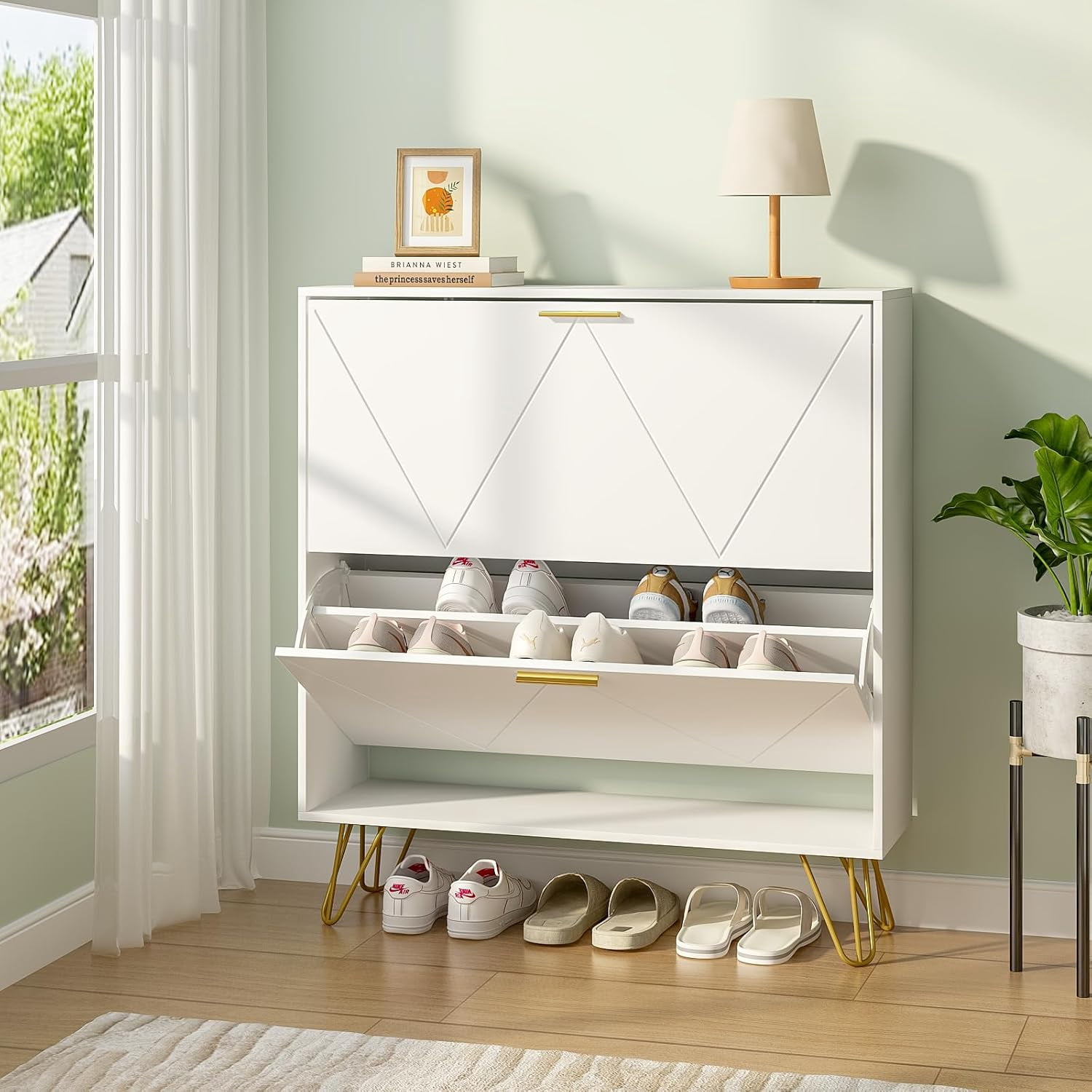 White Shoe Cabinet Storage for Entryway Narrow Shoe Cabinet with 2 Flip ...