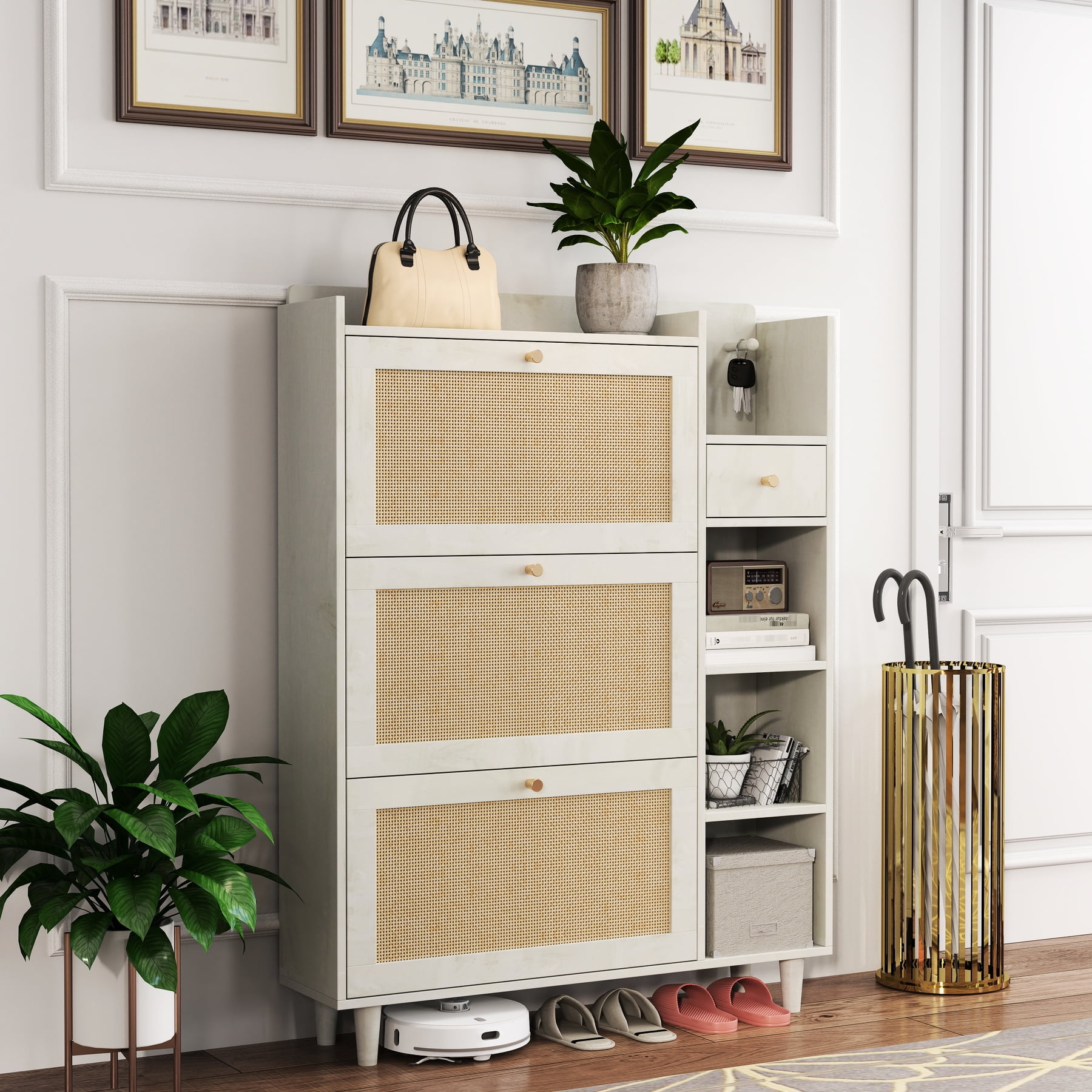 White Shoe Cabinet With 3 Square Shelves, Design, Ventilation Holes ...
