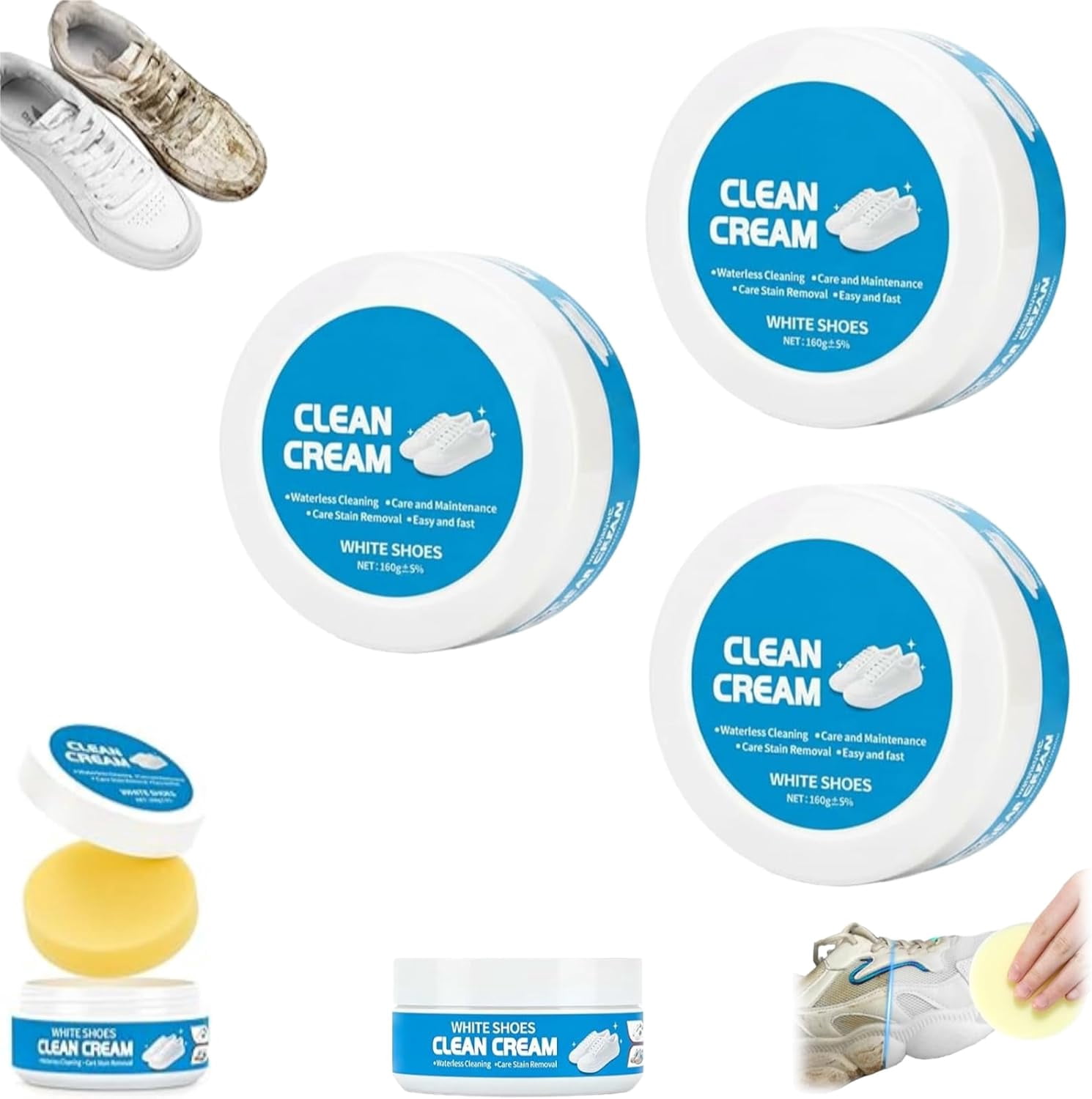 White Shoe Cleaner Cream, No Wash Stain Remover Paste with Sponge ...