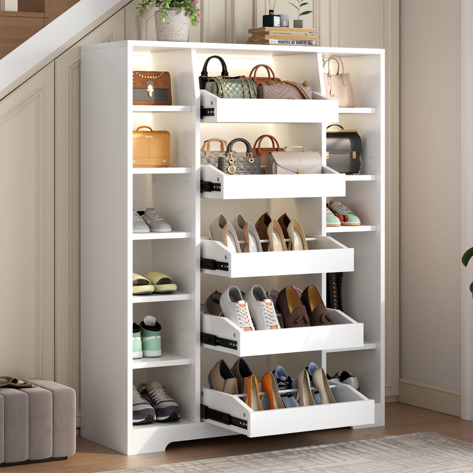 White Shoe & Handbag Storage Cabinet with 5 Drawers & 12 Shelves ...