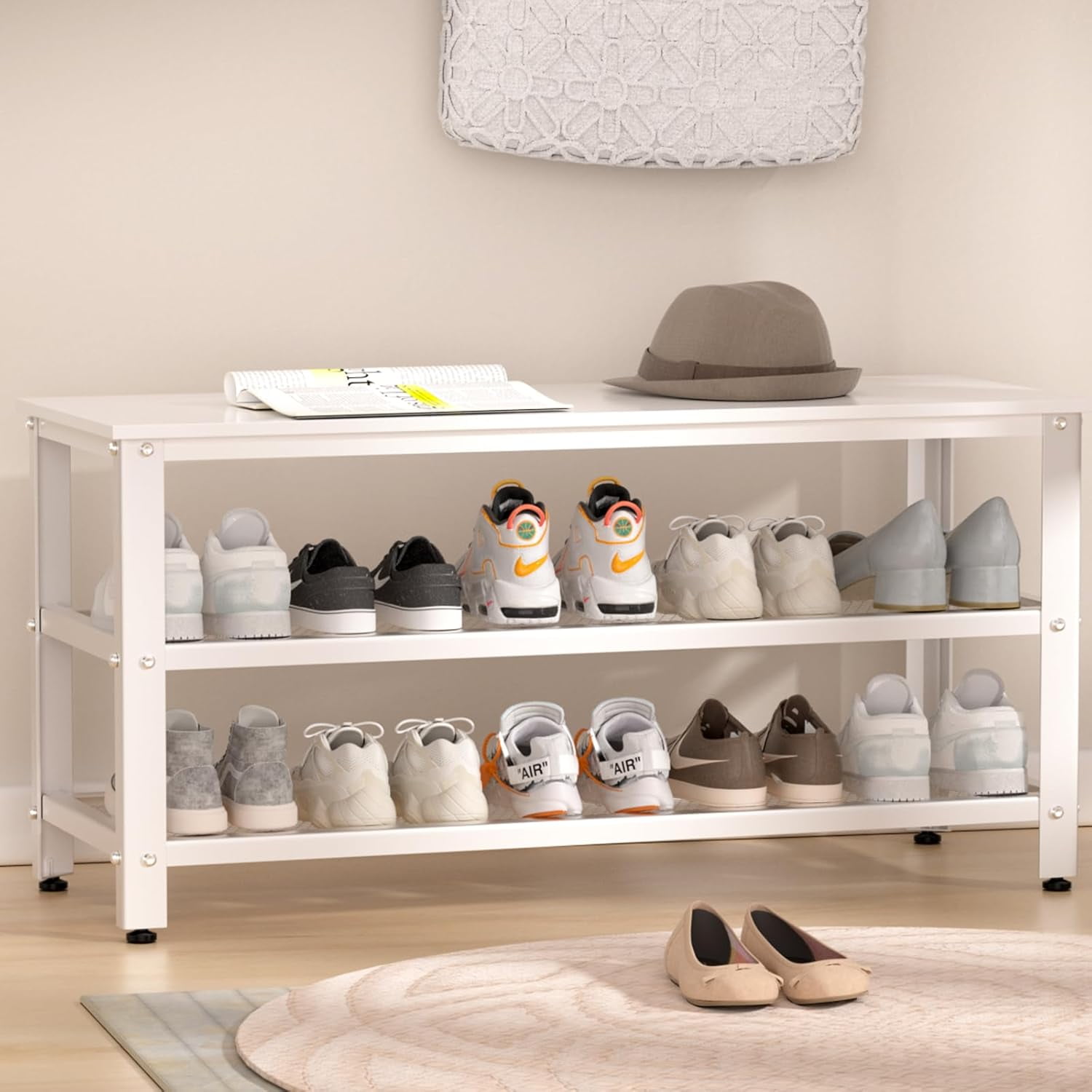 White Shoe Rack, 35.5 Inches 3-Tier Shoe Rack for Entryway with Long ...