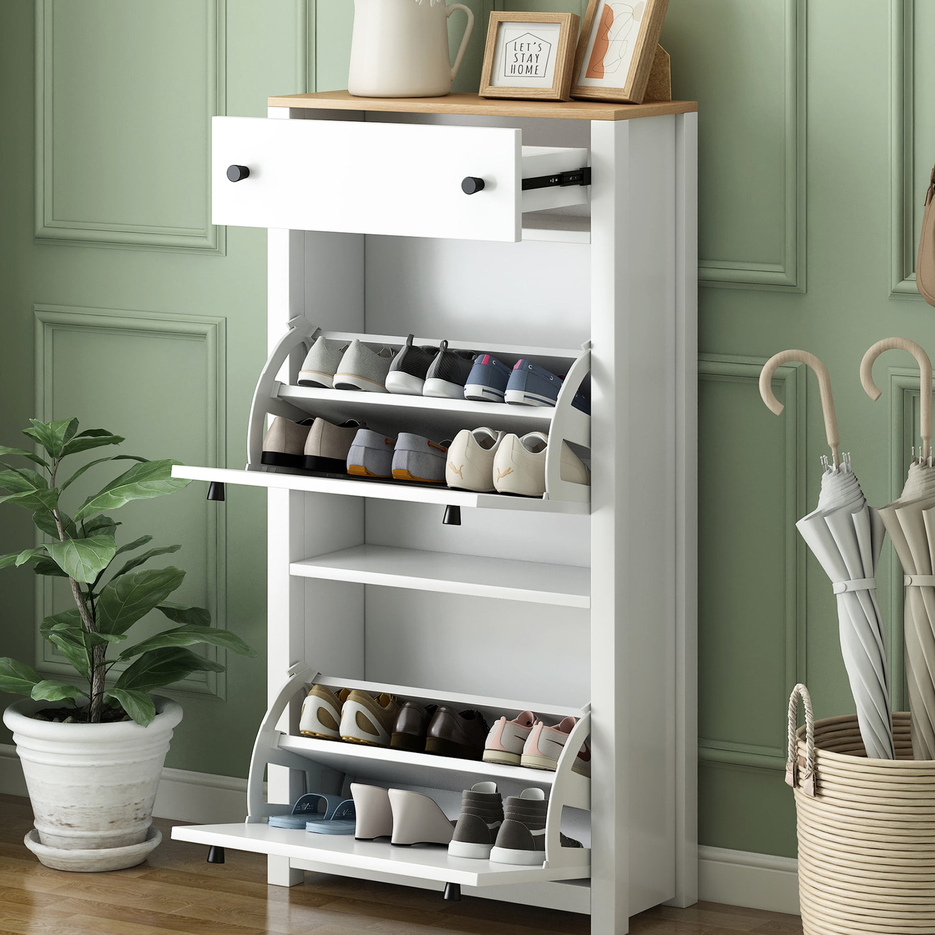 White Shoe Rack | Adjustable Panels in Drawers, Entryway Decor | Metal ...
