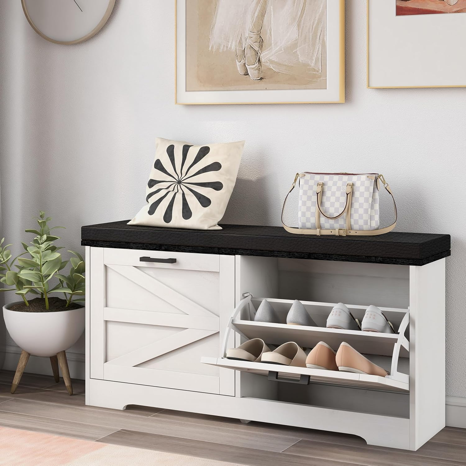 White Shoe Storage Bench 2 Flip Drawers Shoe Rack Bench with Padded ...
