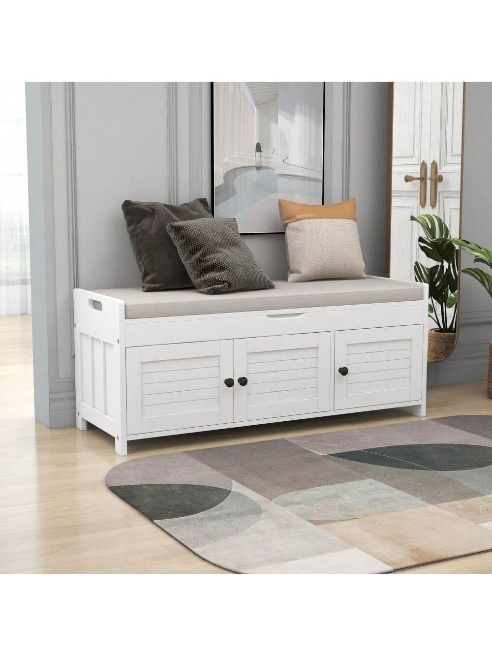 White Shoe Storage Bench,2-Tier Farmhouse Entryway Bench With 3 Door ...