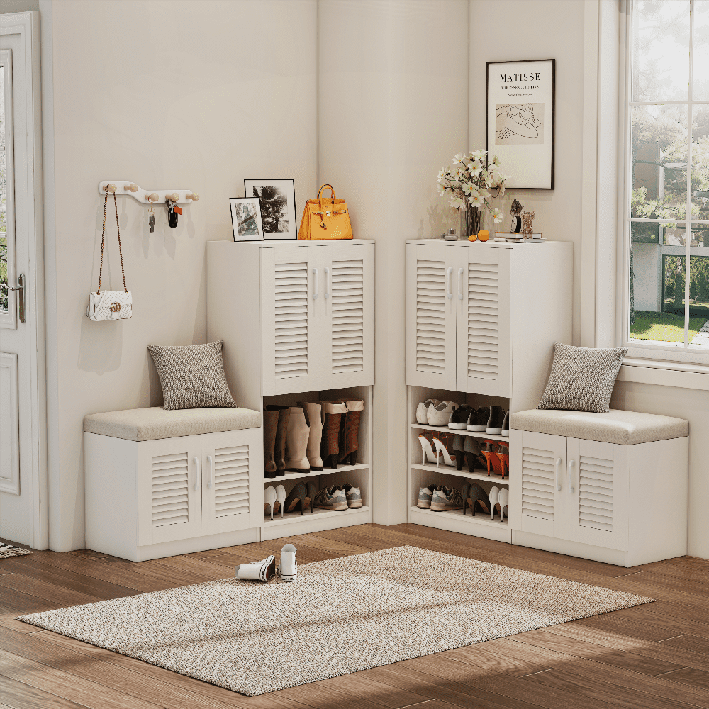 White Shoe Storage Bench with 7+3 Compartments - Adjustable Shelves ...