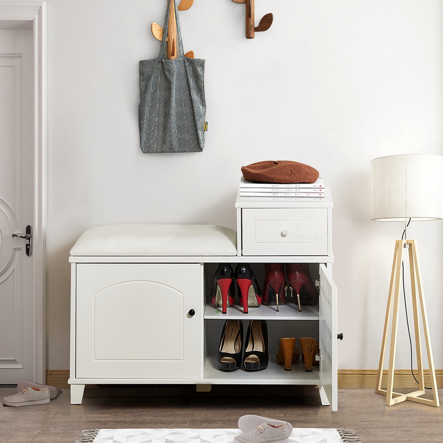 White Shoe Storage Cabinet in Living Room | Additional Drawer for Small Items | MDF Construction ...