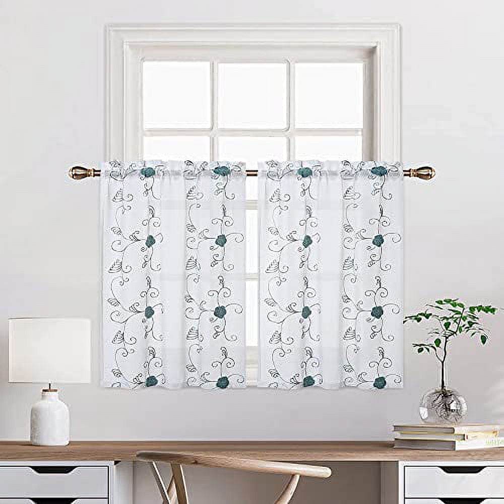 White Short Curtains 24 Inch Length for Small Window, Floral ...