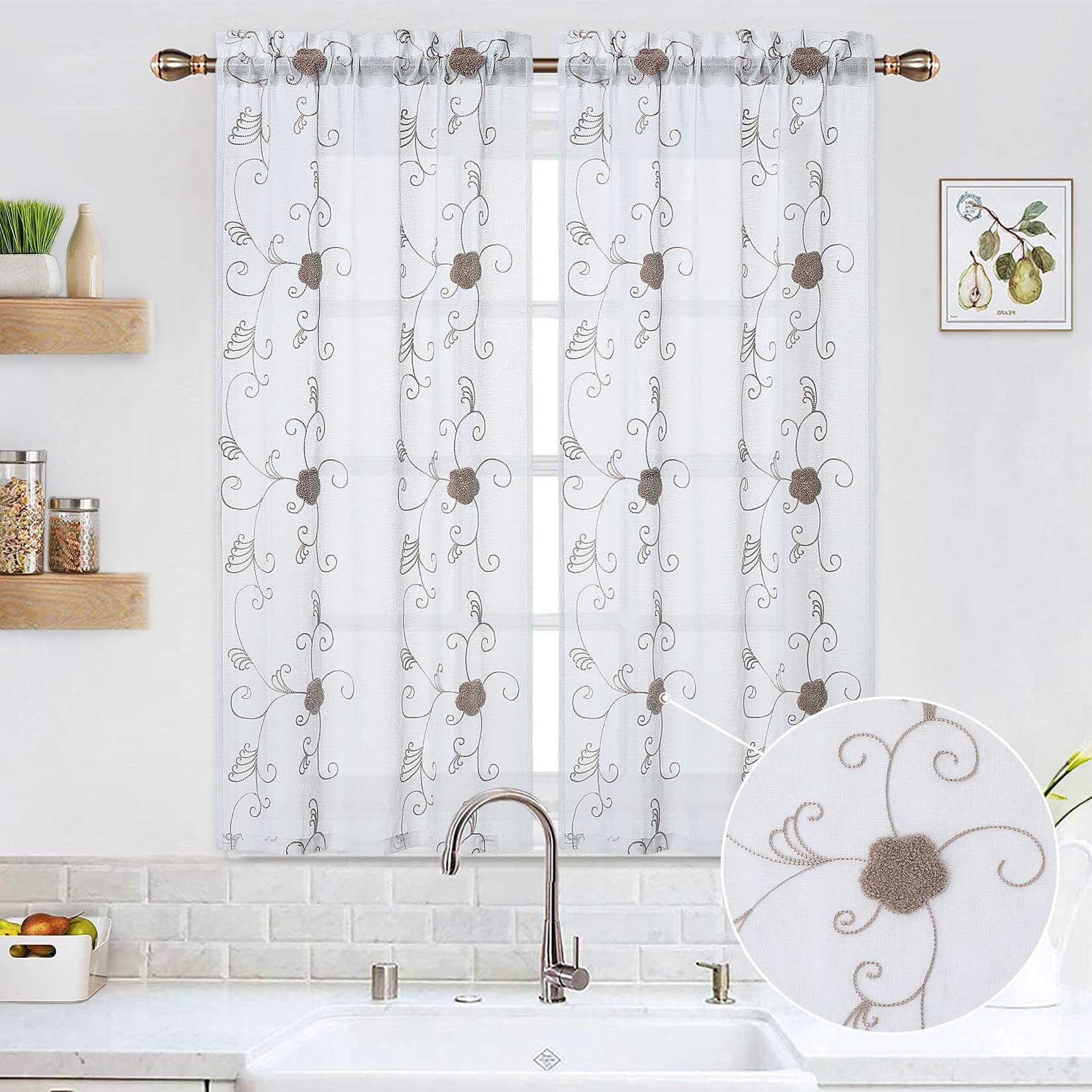 White Short Curtains 24 Inch Length for Small Window, Floral ...