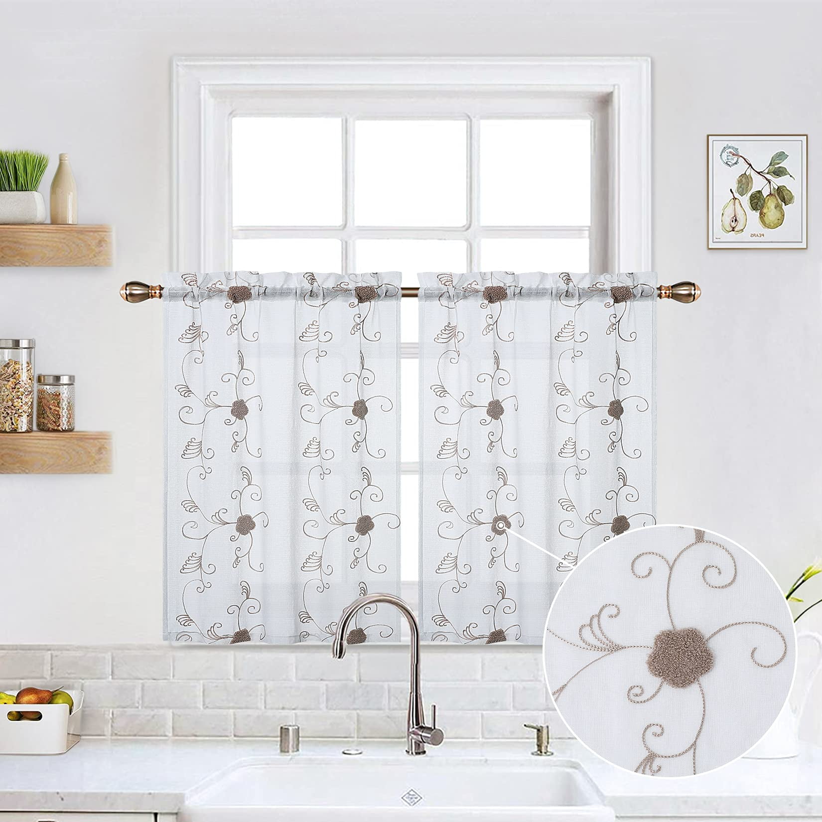 White Short Curtains 24 Inch Length for Small Window, Floral ...