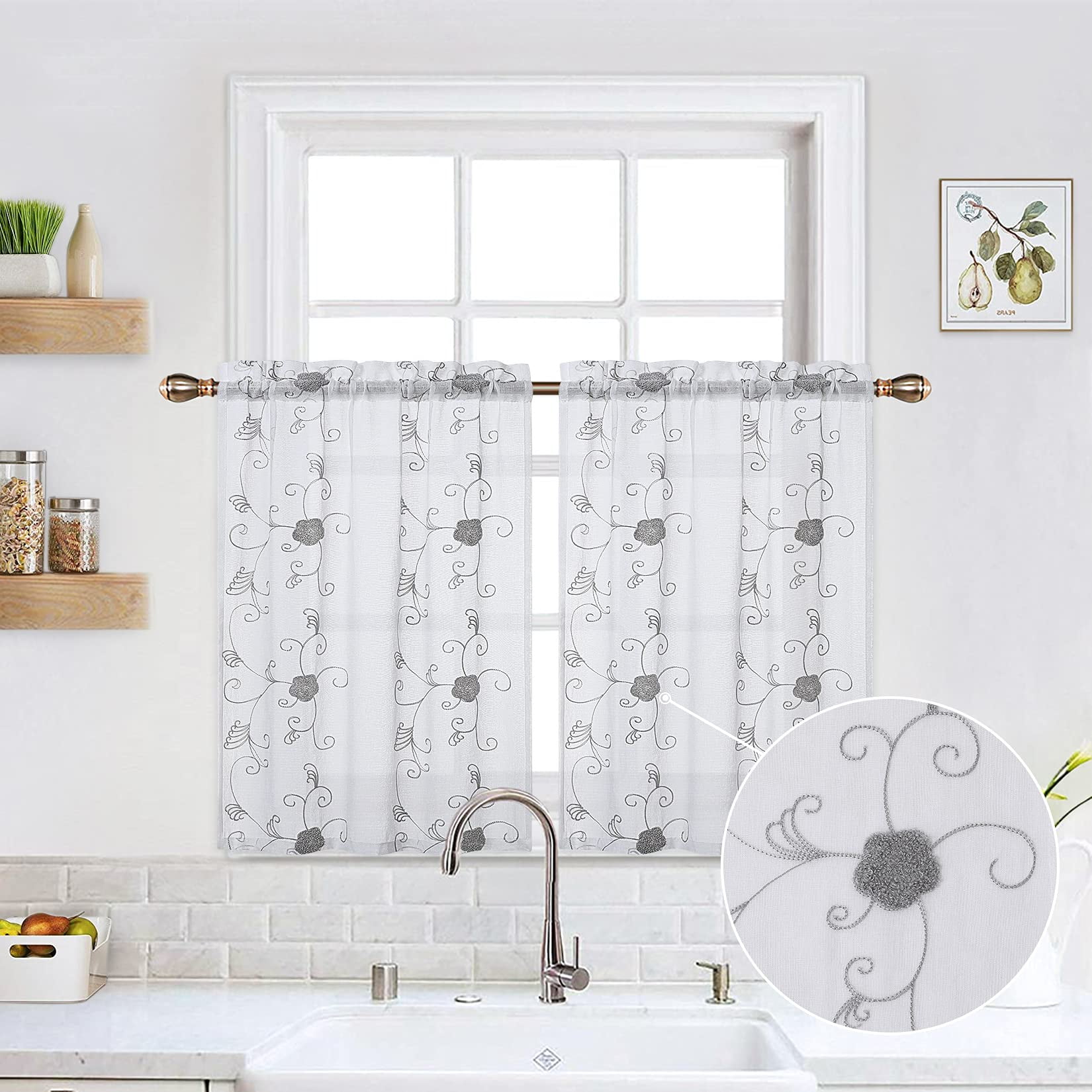 White Short Curtains 24 Inch Length for Small Window, Floral ...