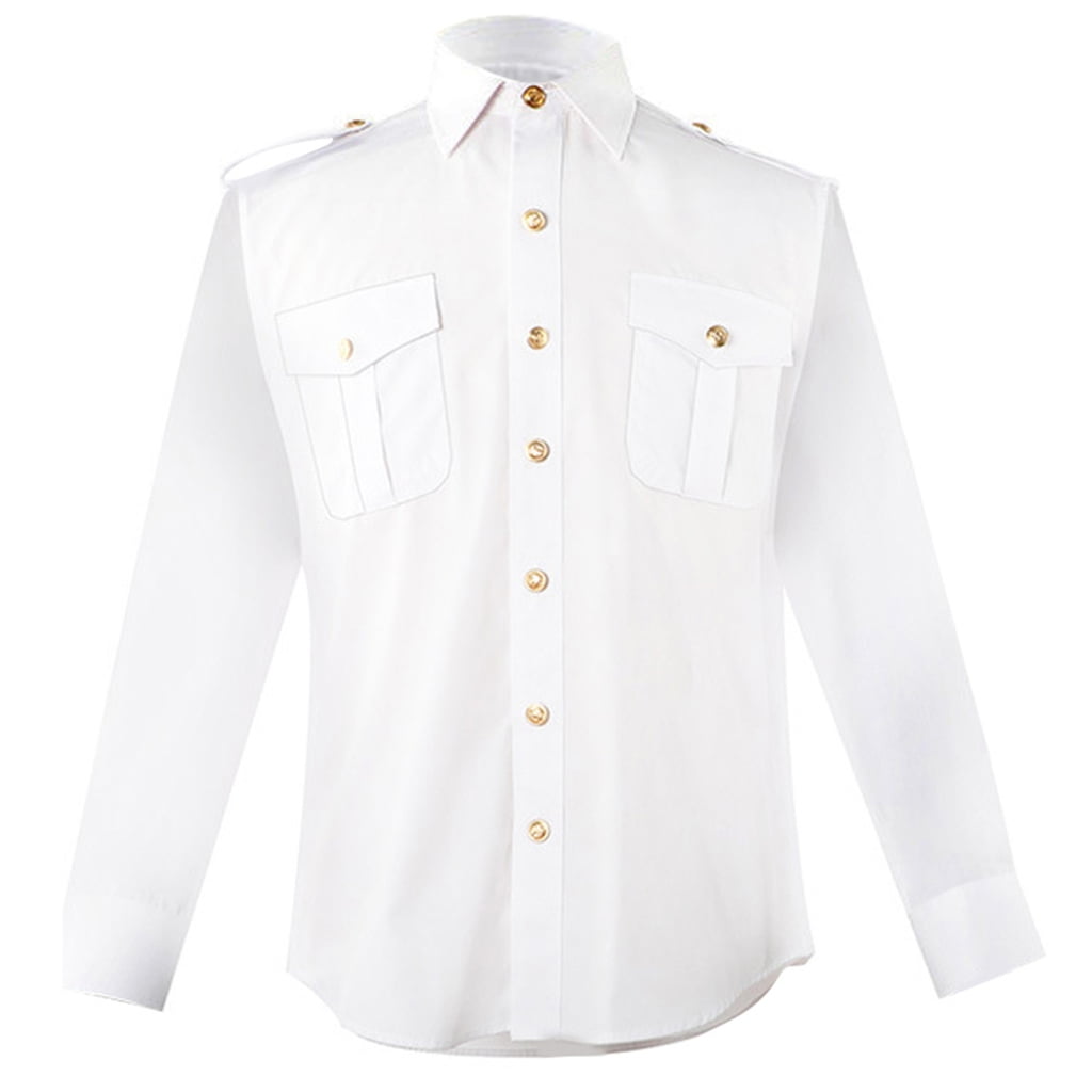 White Short/Long Sleeve Work Shirt Lapel Button Down Uniform Pilot ...