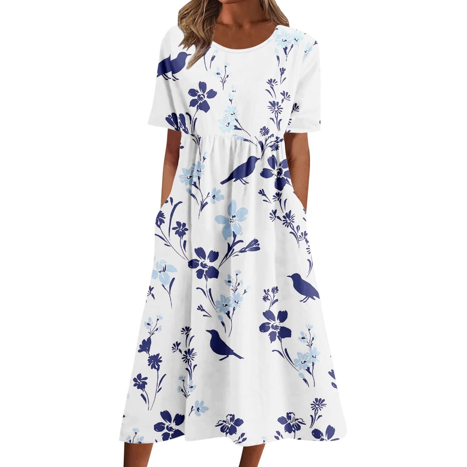 White Short Sleeve for Women Fall Summer Boat Neck Floral Graphic Maxi ...