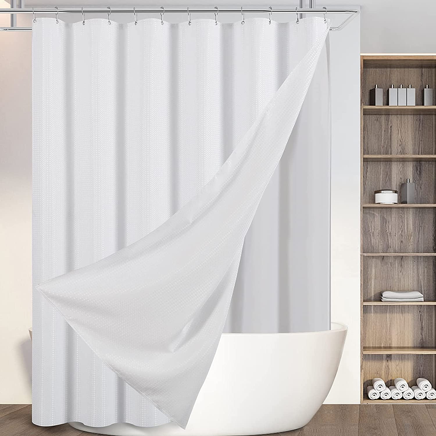 White Shower Curtain Waffle Fabric Solid Color Shower Curtain Set Water ...