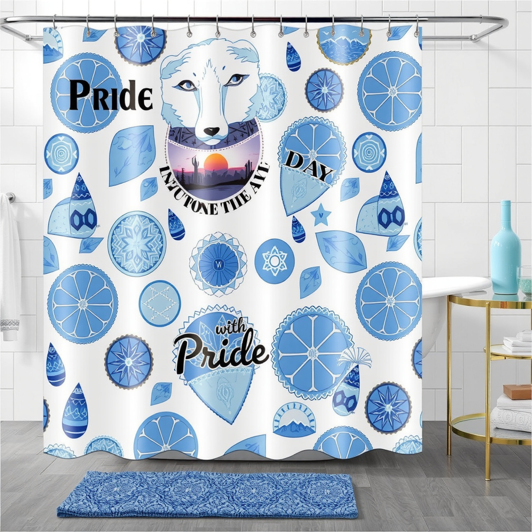White Shower Curtain with Light Blue Floral 'Pride' & Desert Sunset ...