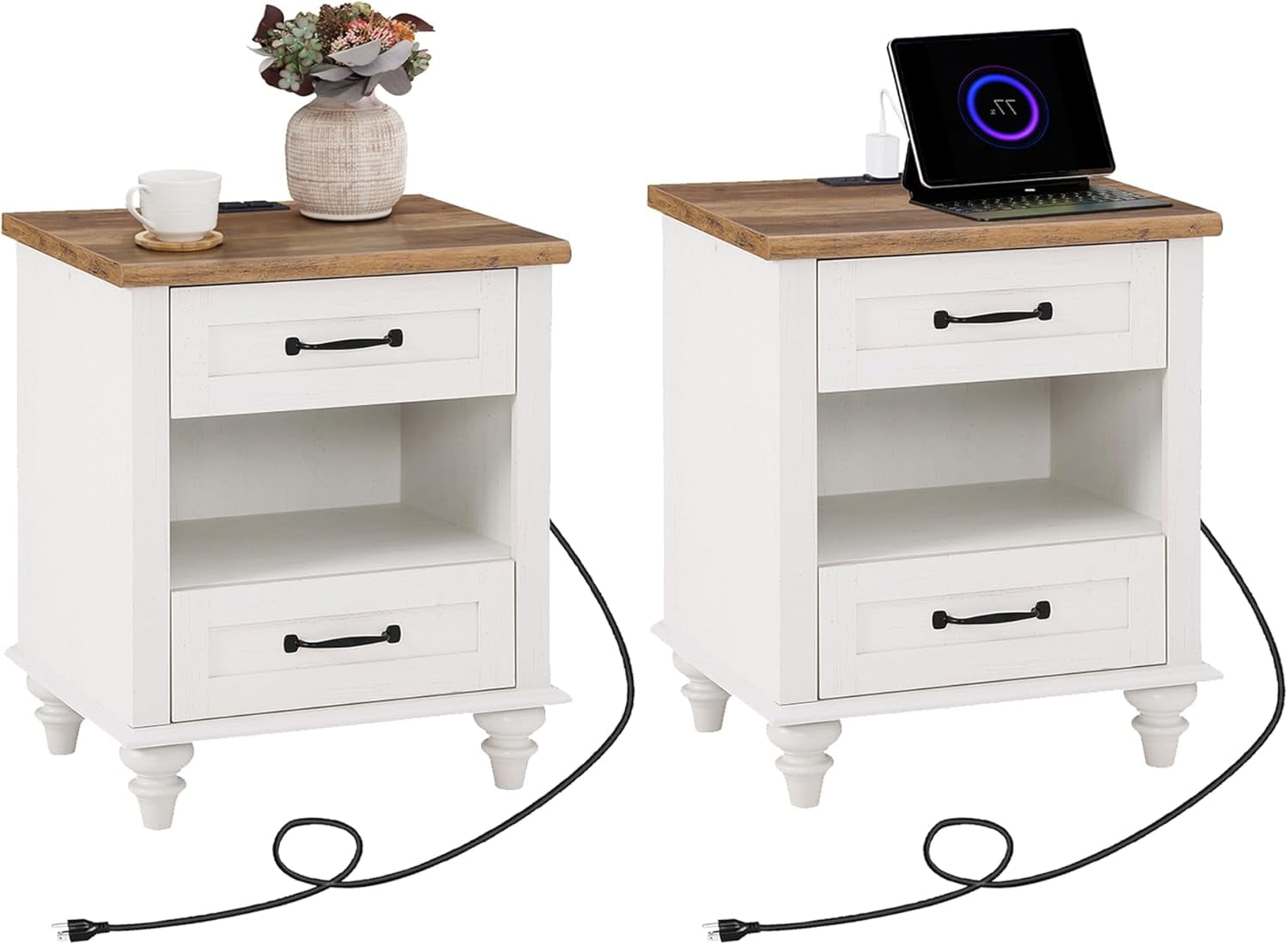 White Side Table with Charging Station Mid Century Nightstand with ...