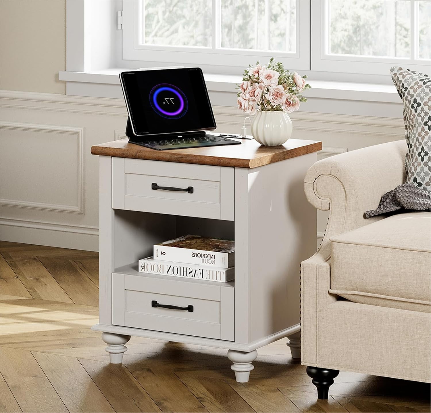 White Side Table with Charging Station Mid Century Nightstand with ...